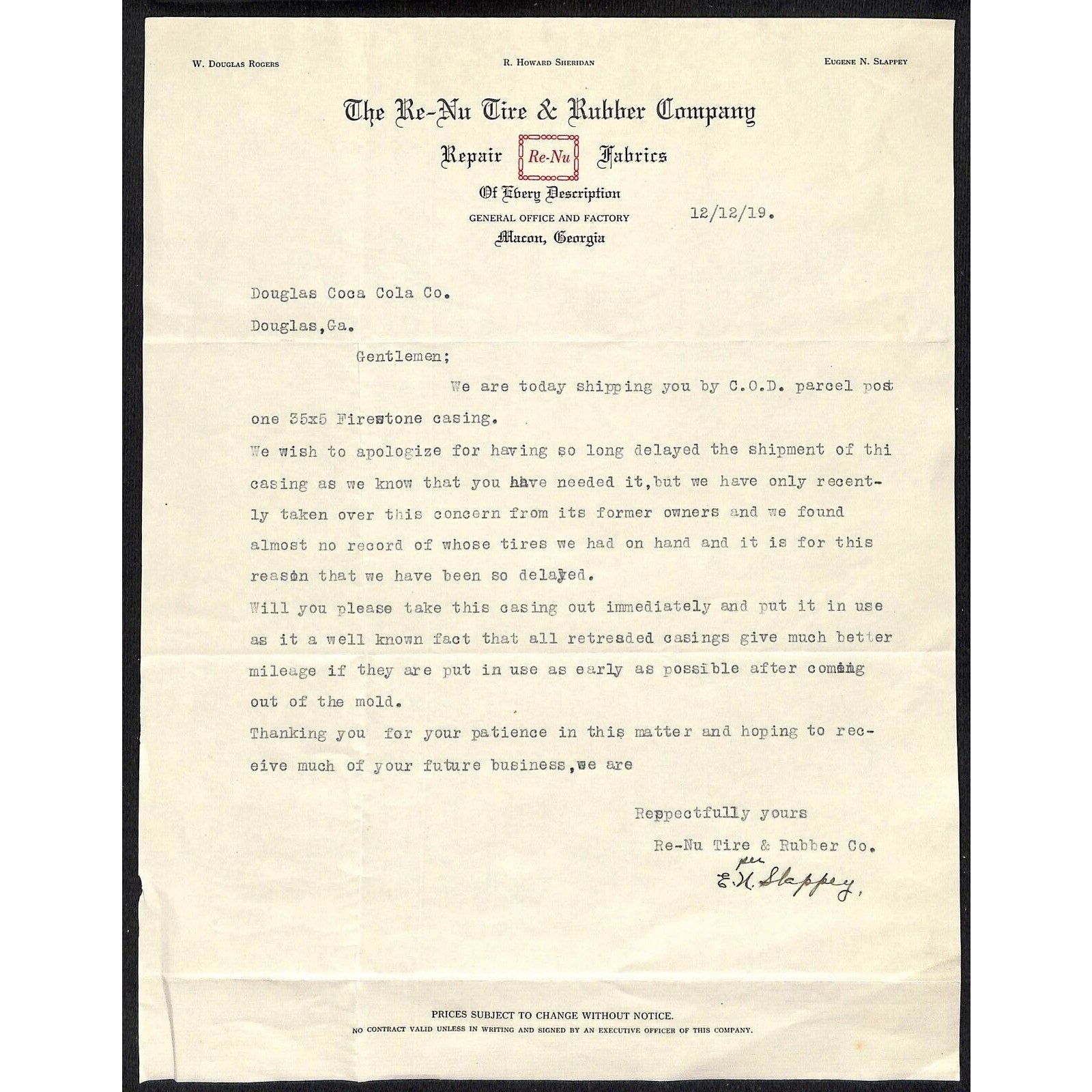 Re-Nu Tire & Rubber Co. Macon, GA 1919 Letterhead Coca-Cola / Fireston ...