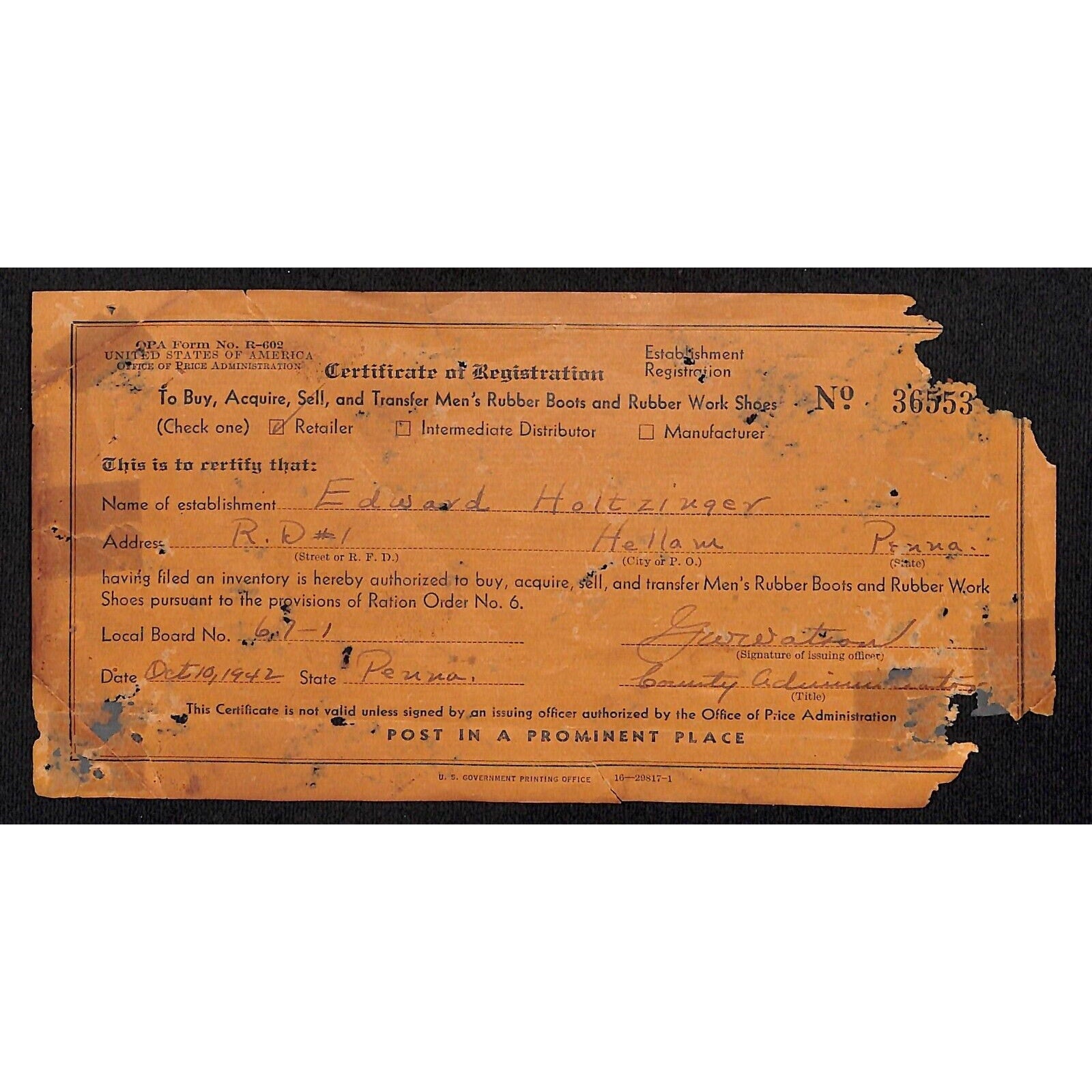 WWII Era Office of Price Admin. 1942 Certificate to Buy Sell Men's Rub ...