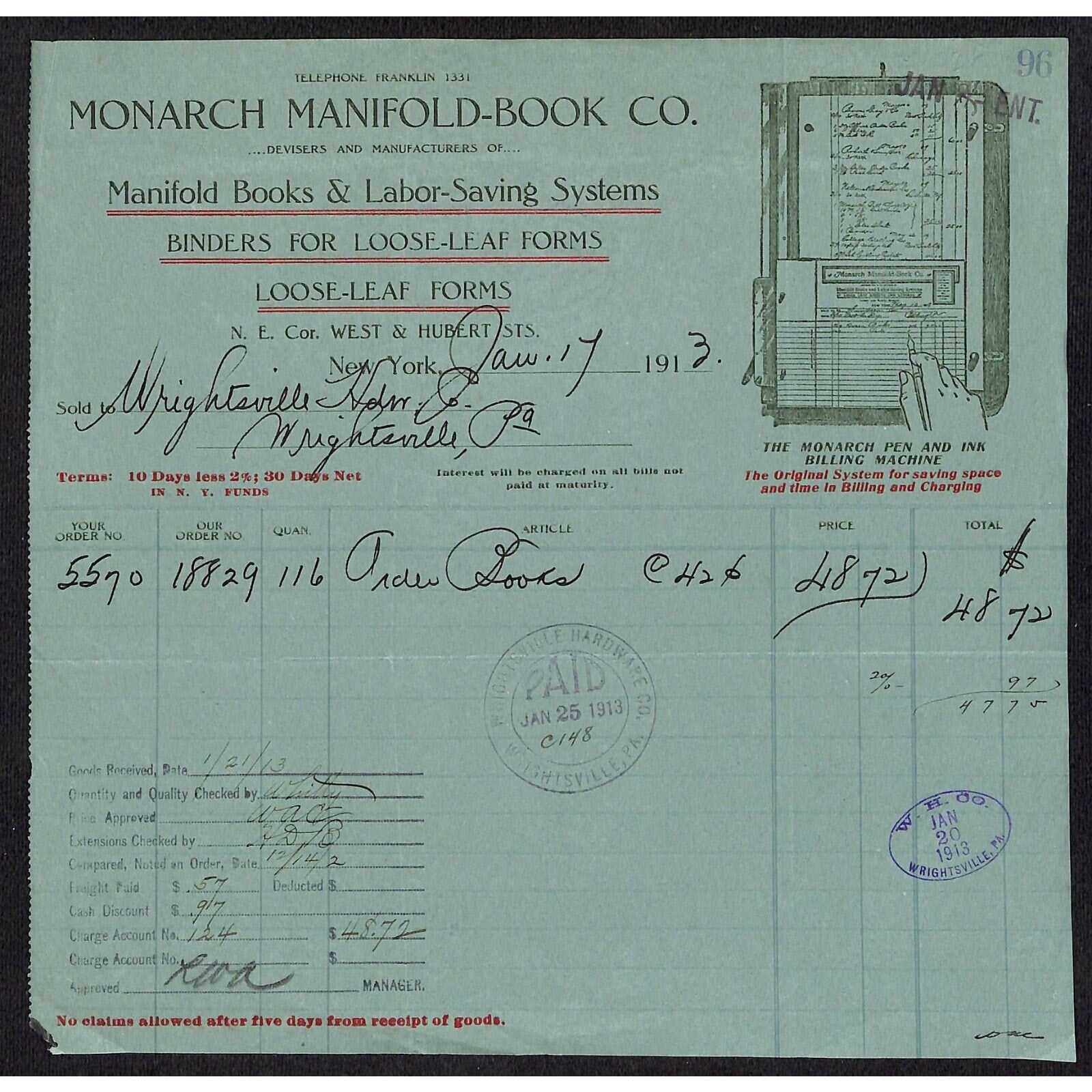 Monarch Manifold-Book Co. Form Systems NYC 1913 Billhead – Jerry's ...