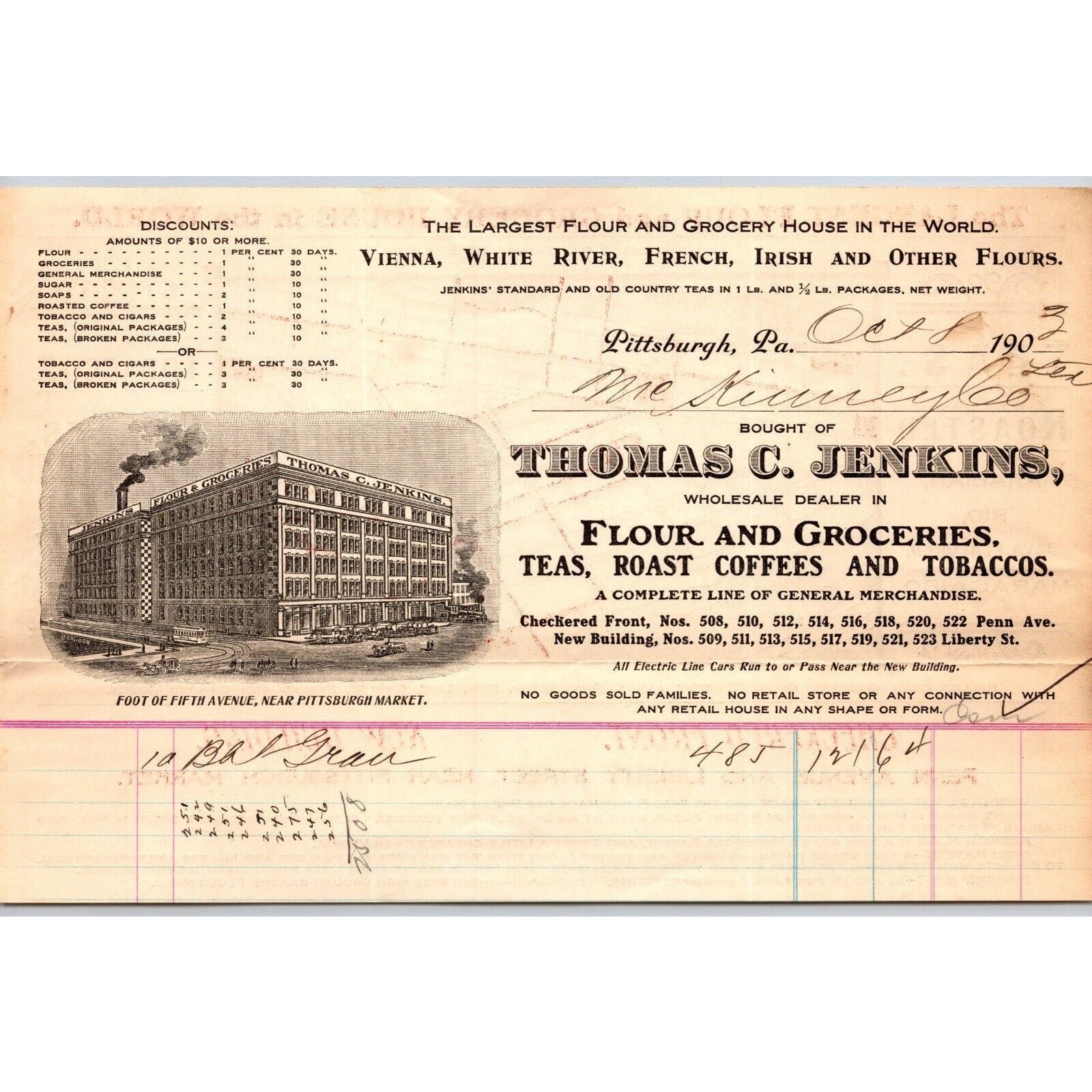 Thomas C. Jenkins Tea Coffee Flour Philadelphia 1903 Billhead w/ Stree ...