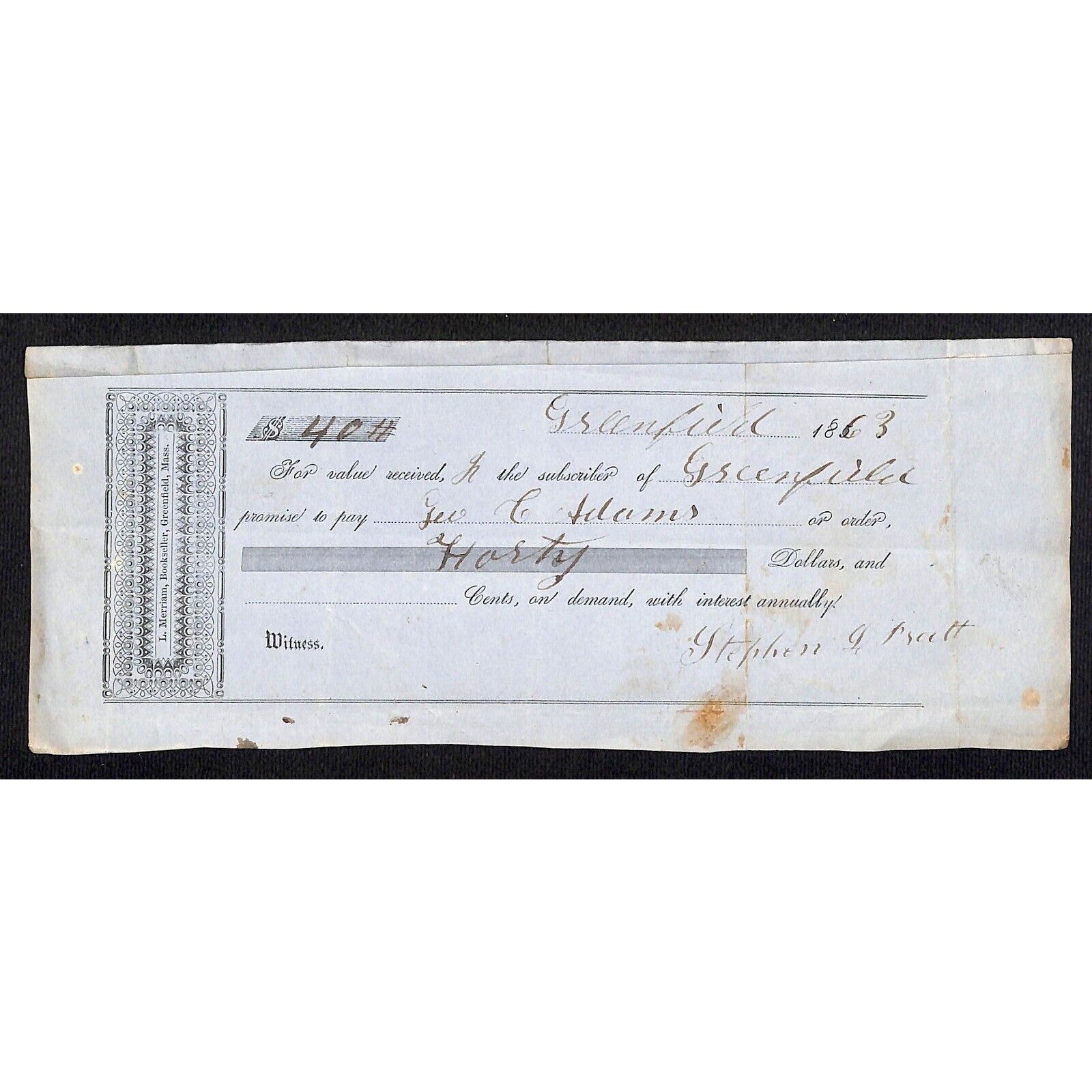 L. Merriam, Bookseller, Greenfield, MA 1863 $40 Promissory Note George ...