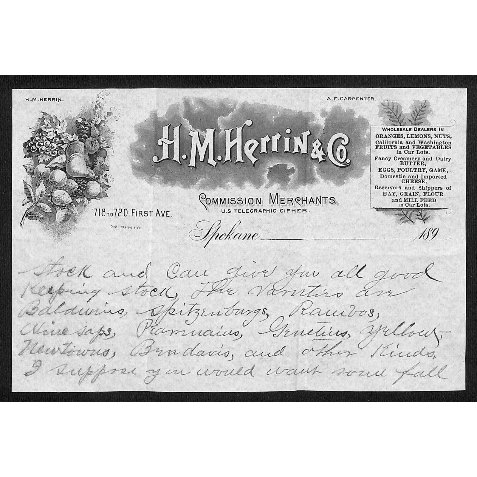H.M. Herrin & Co. Fruits Nuts Dairy Hay Mill Feed 1880's 188x Note on ...