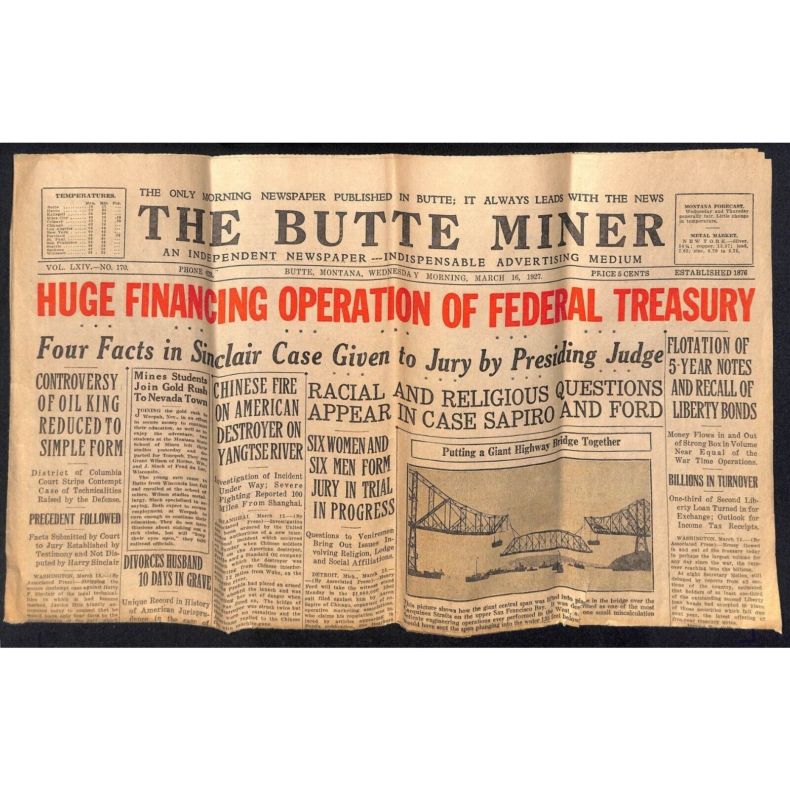 "The Butte Miner" 1927 Single Sheet Newspaper Federal Treasury Headlin ...