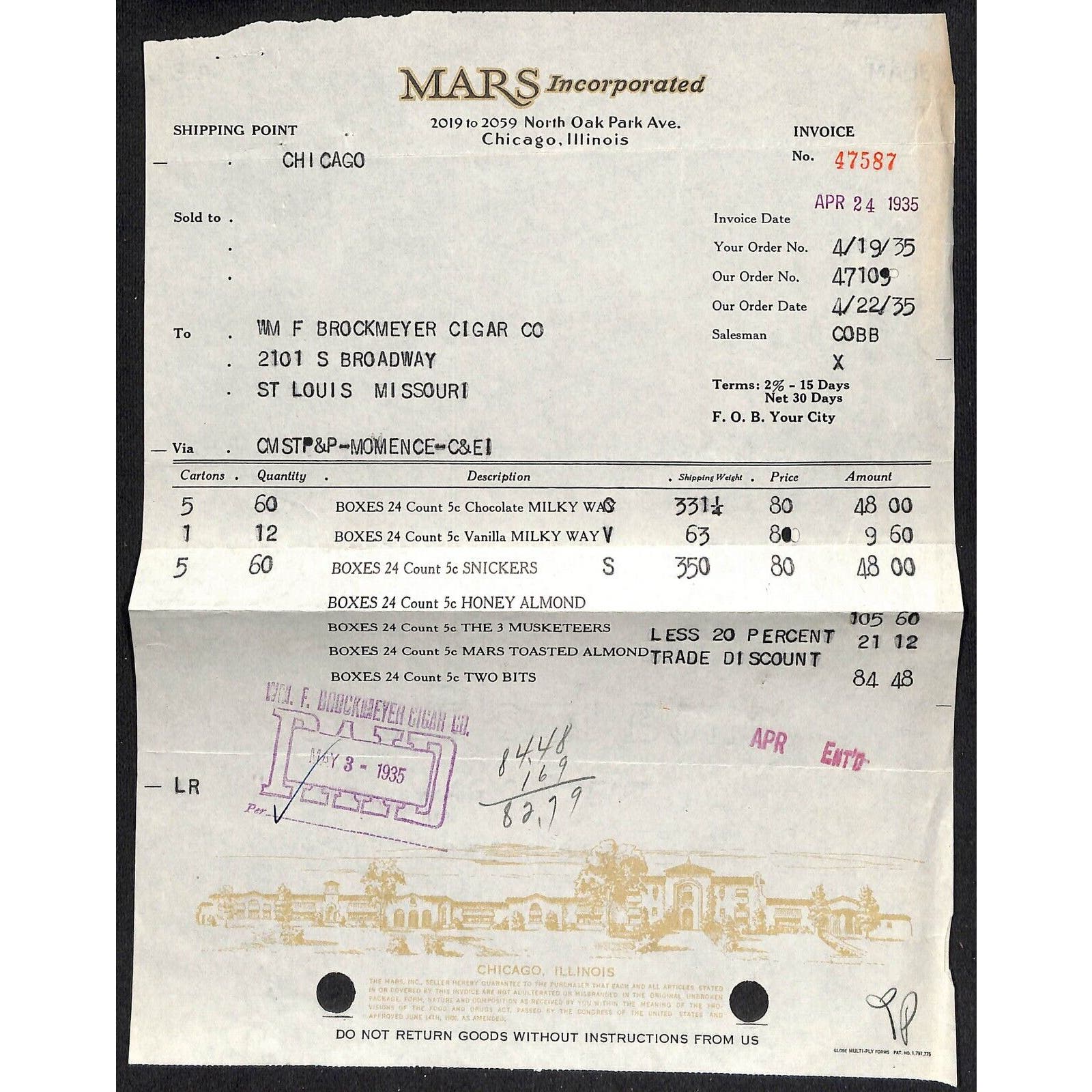 Chicago Mars Incorporated Milky Way Snickers Candy Bars 4/24 1935 Bill ...