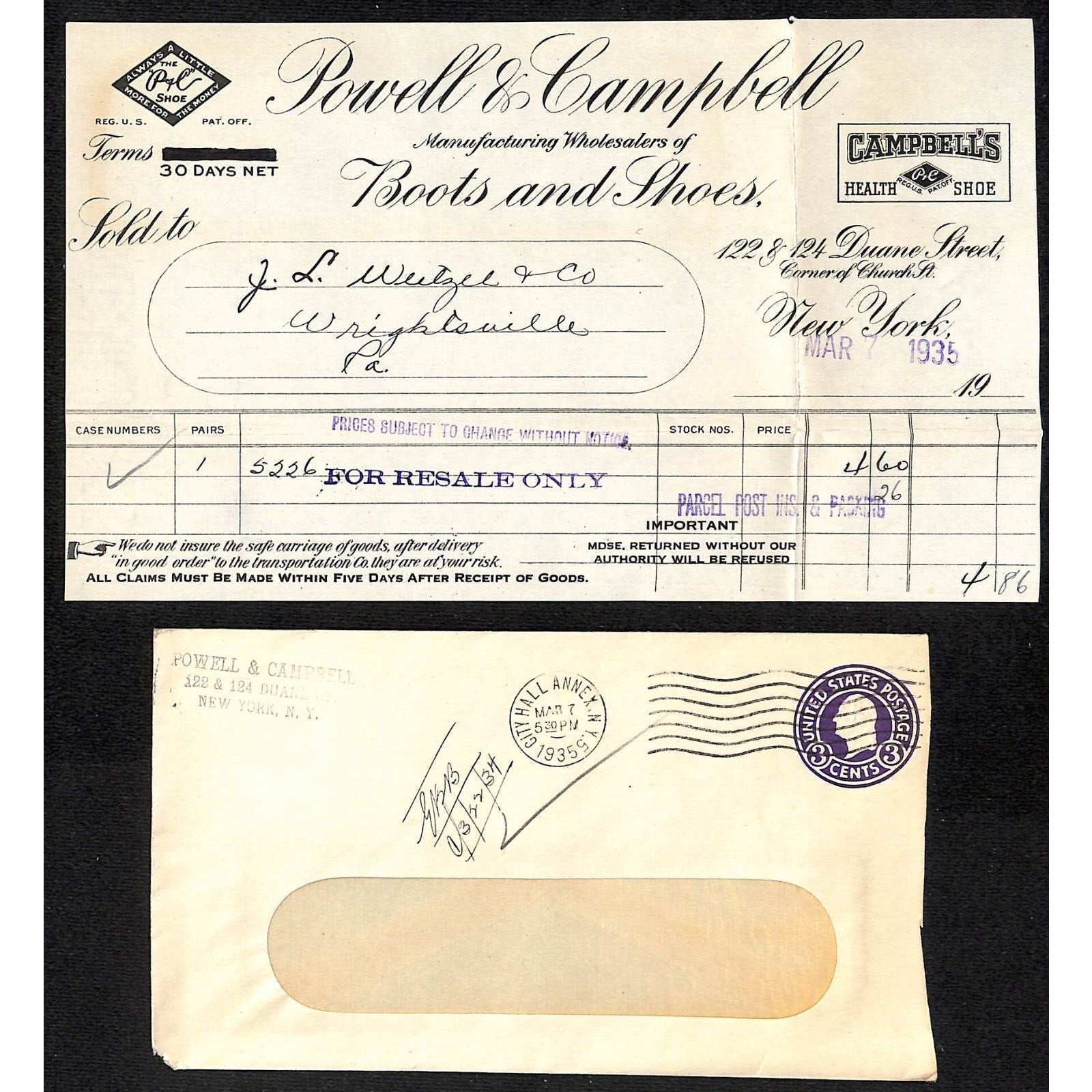 Powell & Campbell Boots and Shoes Duane St. NYC / Weitzel 1935 Billhea ...