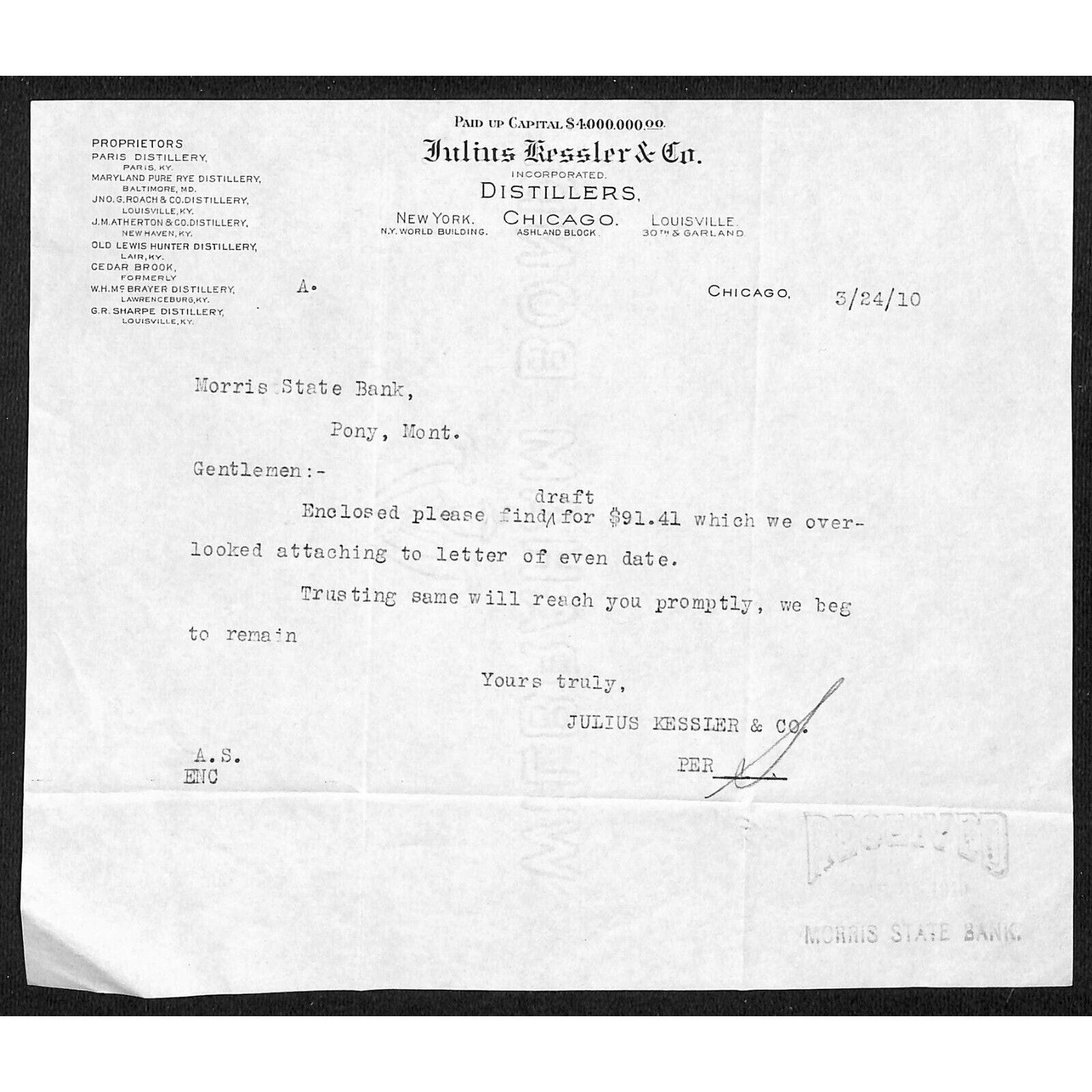 Julius Kessler & Co. Distillers 1910 NY Chicago Louisville Letterhead ...