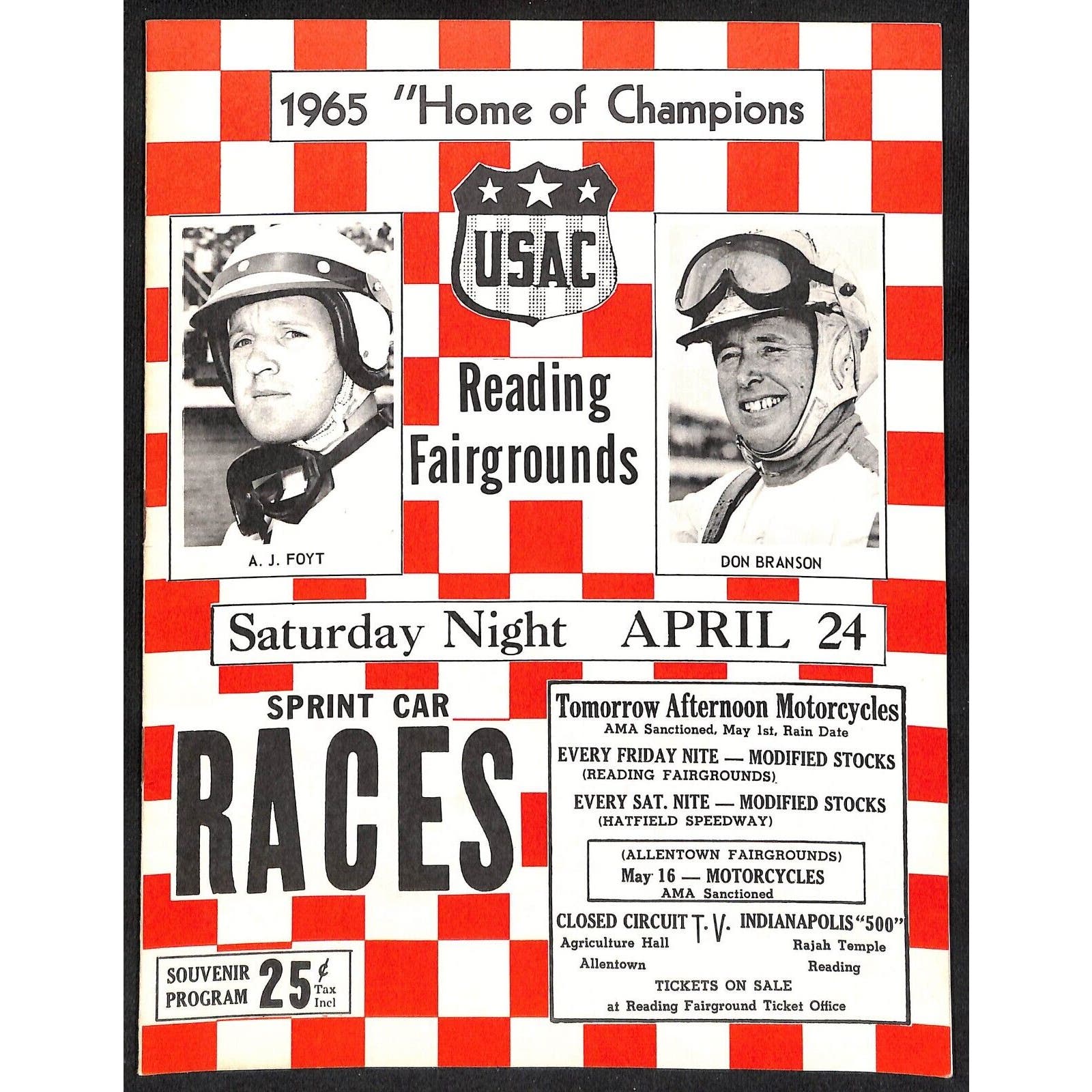Reading Fairgrounds 1965 USAC Auto Race Program Sprint Car 6pp* A.J. F ...