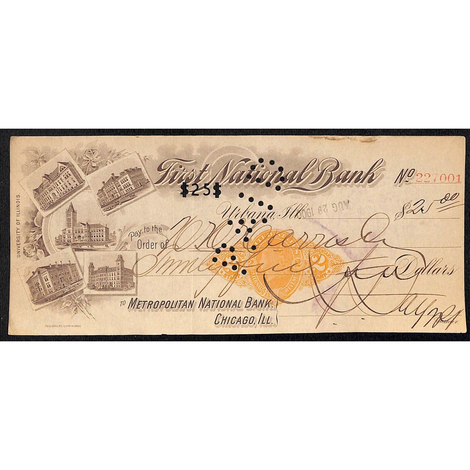 FNB Urbana, IL $25 1900 Bank Check Revenue Stamp w/ University Vignett ...