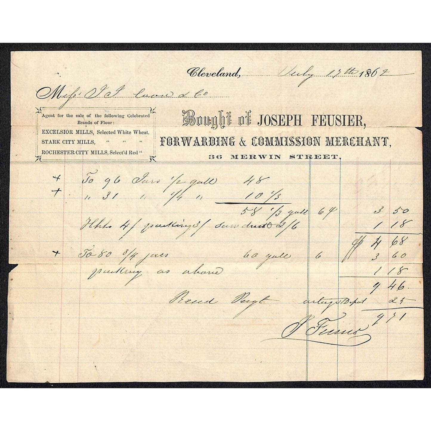 Joseph Feusier Flour Merchant Merwin St Cleveland 1862 Billhead Scarce ...