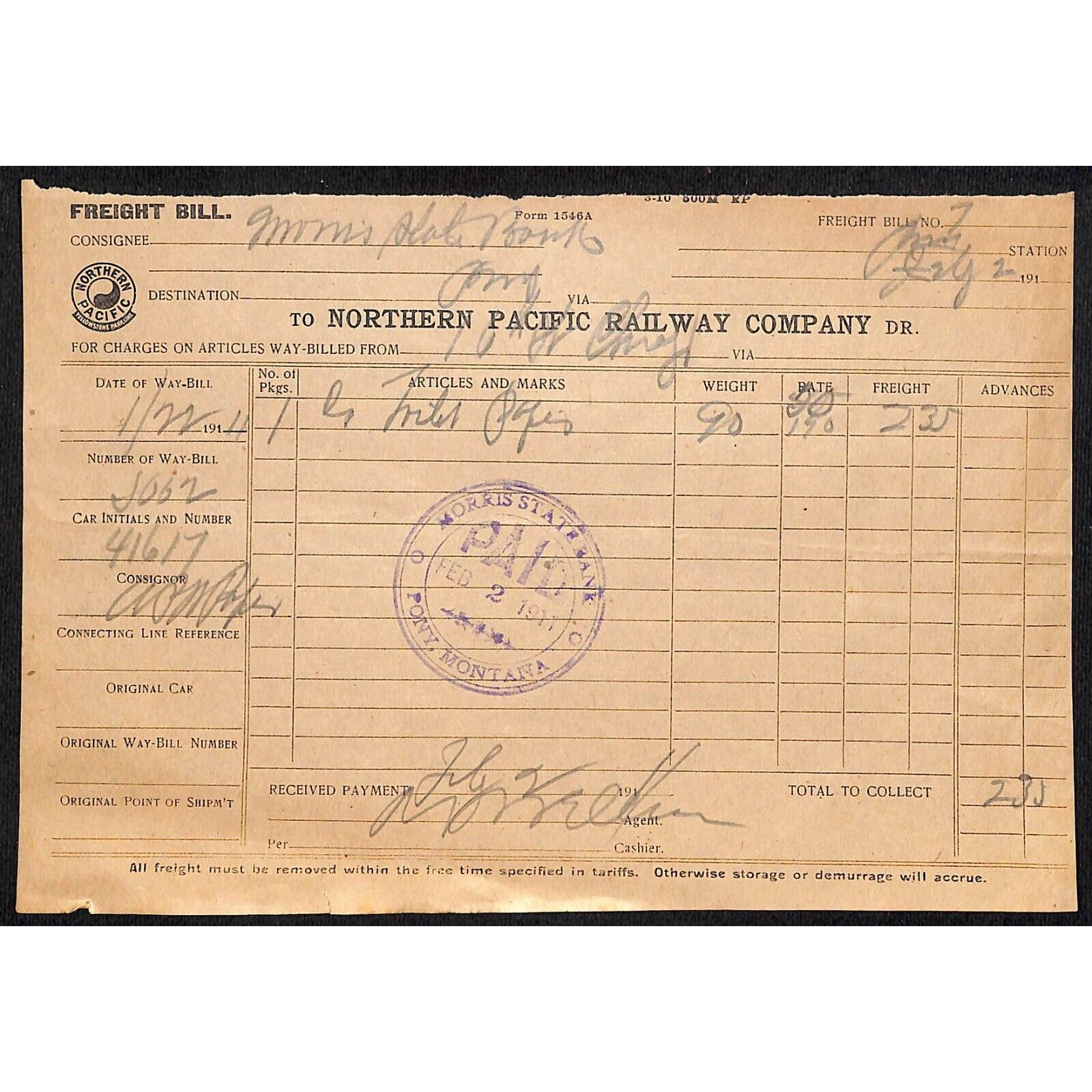 Northern Pacific Railway 1911 Freight Receipt 90 Lbs. Pipes? Pony, MT ...