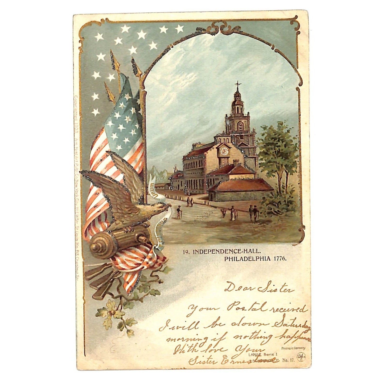 Independence Hall Philadelphia 1776 Patriotic Postcard PM 1906 w/ Glit ...