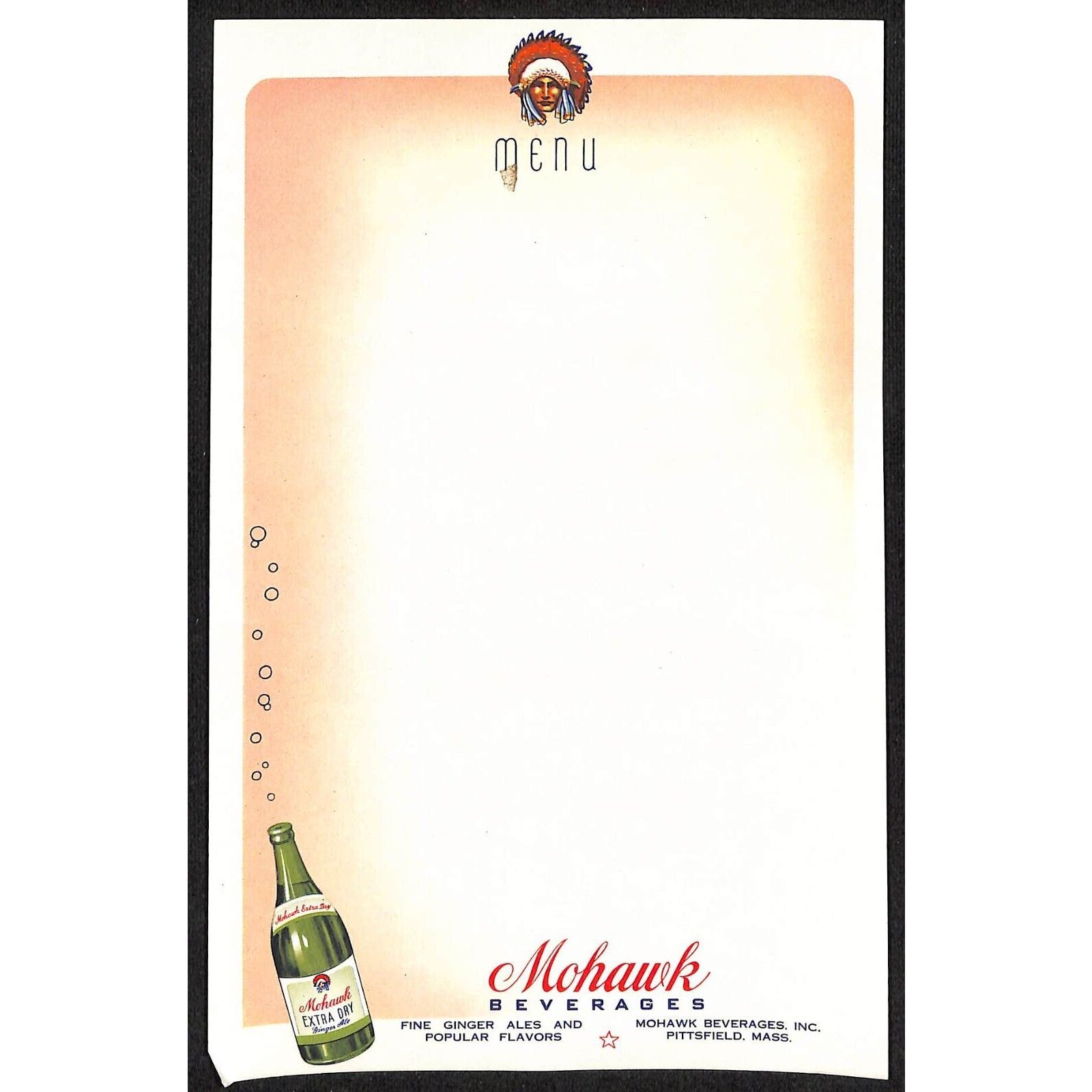 Mohawk Beverages Pittsfield, MA Unused Menu Stationary Sheet c1950's ...