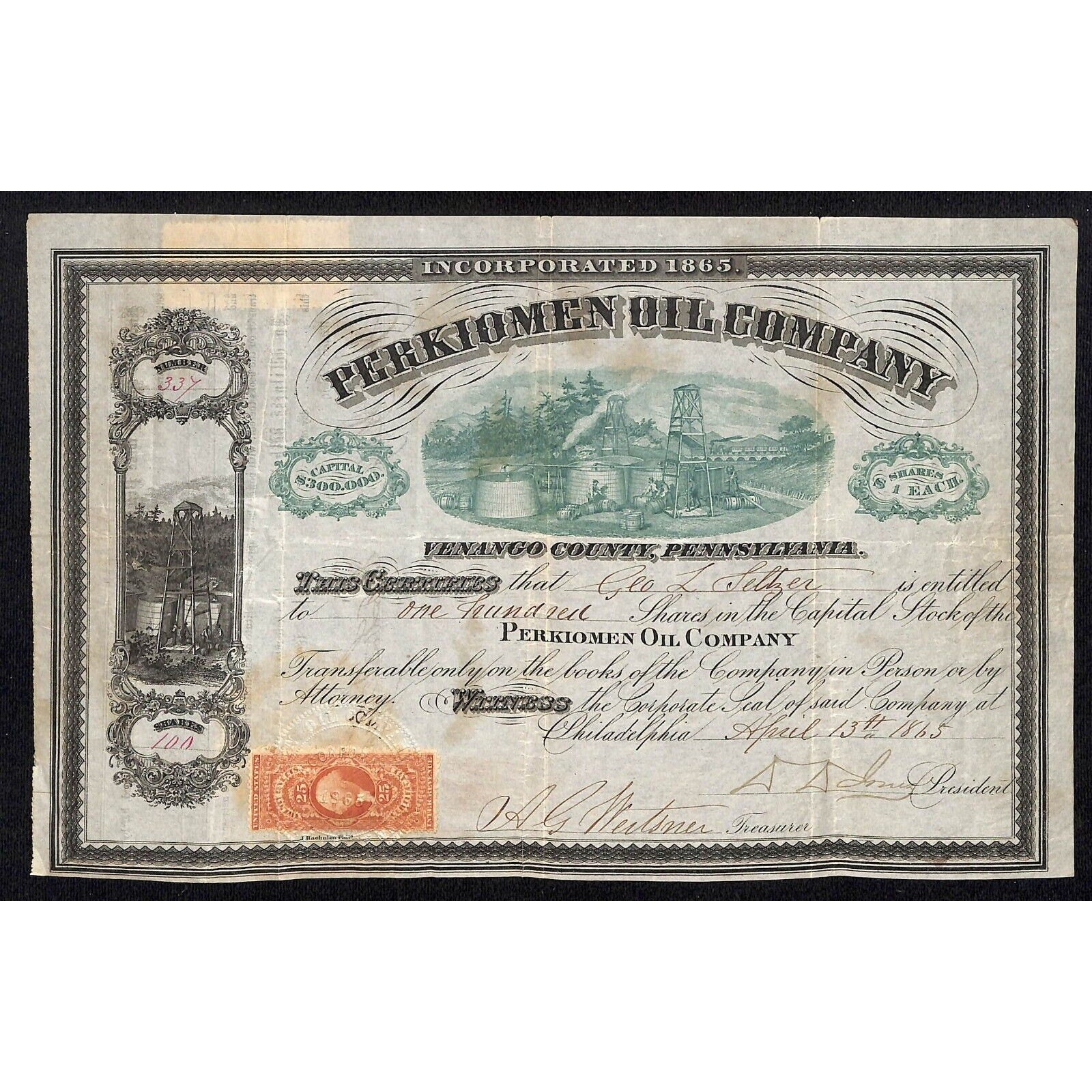 Perkiomen Oil Company 1865 Stock Certificate Rev Stamp Derrick Vignett ...