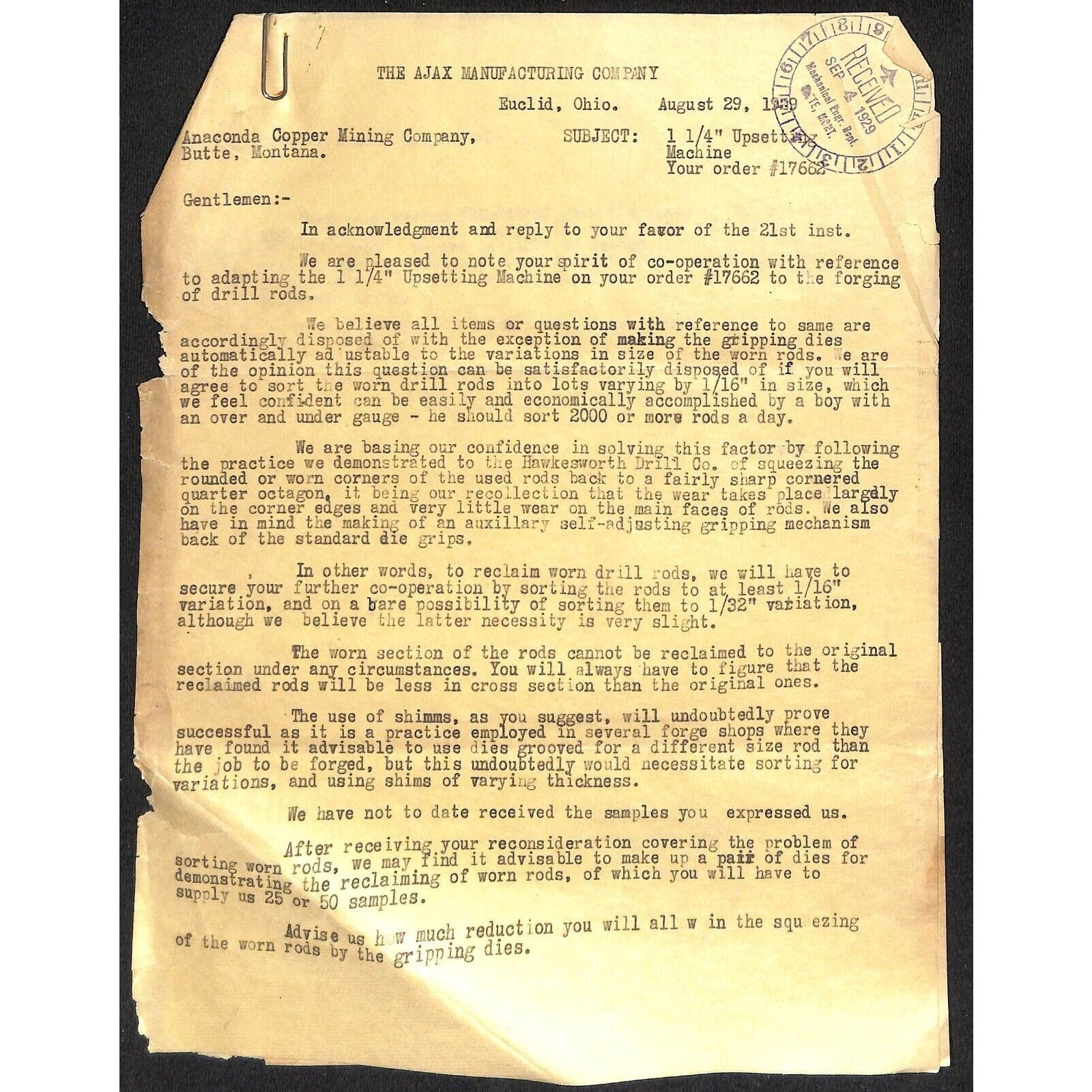 Ajax Mfg. Co. Euclid / Anaconda Mining 1929 2pp Letterhead re: Upsetti ...