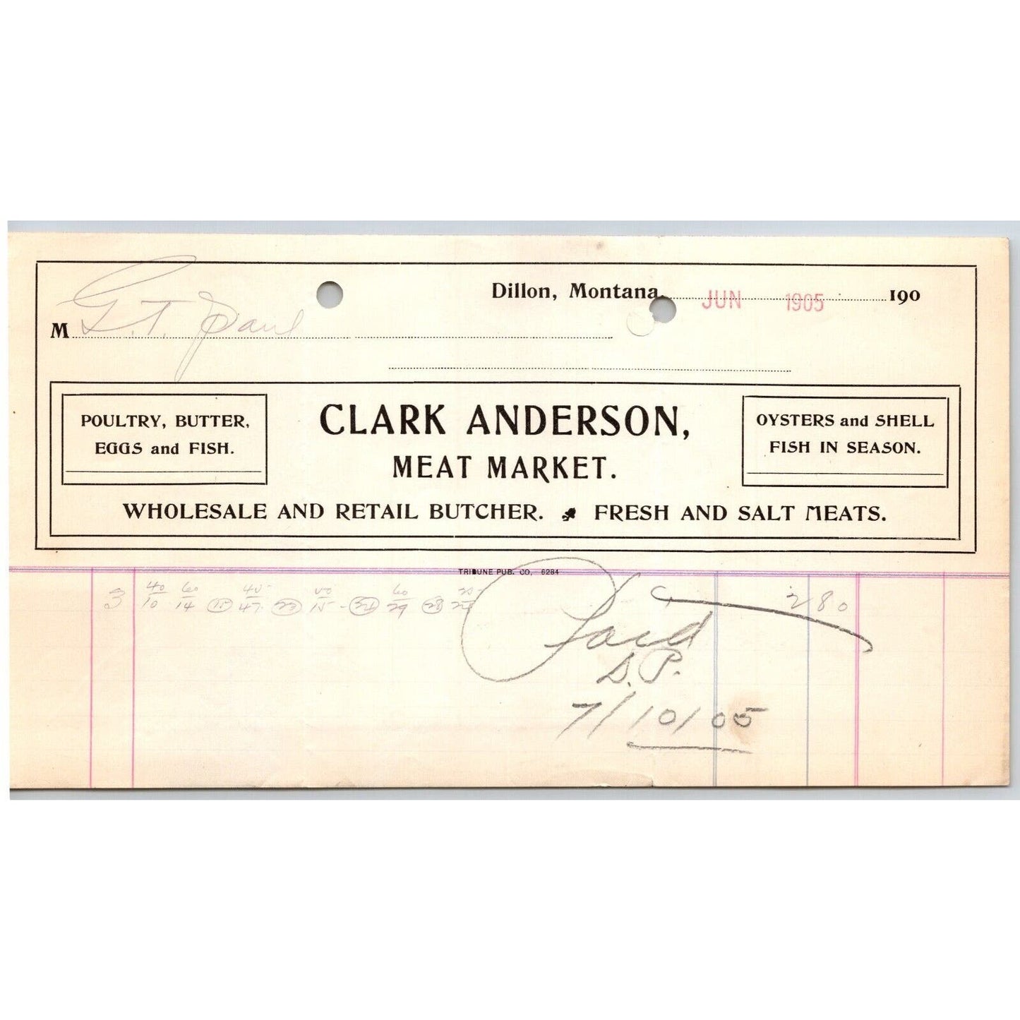 Dillon, MT Clark Anderson Meat Market Butcher Oysters Fish Jun. 1905 B ...