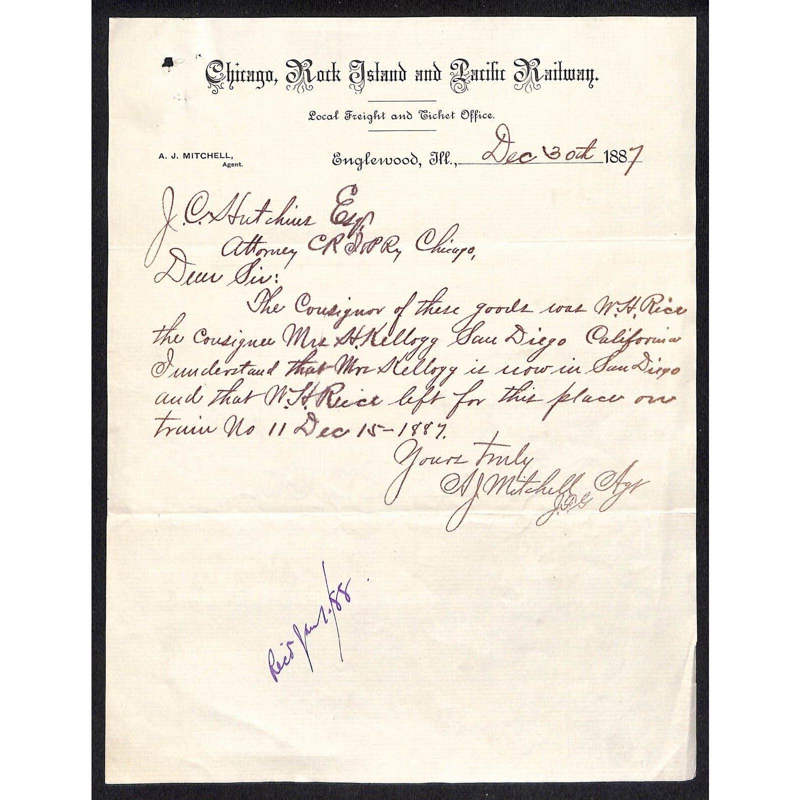 Chicago Rock Island & Pacific Railway 1887 Local Freight & Ticket Lett ...