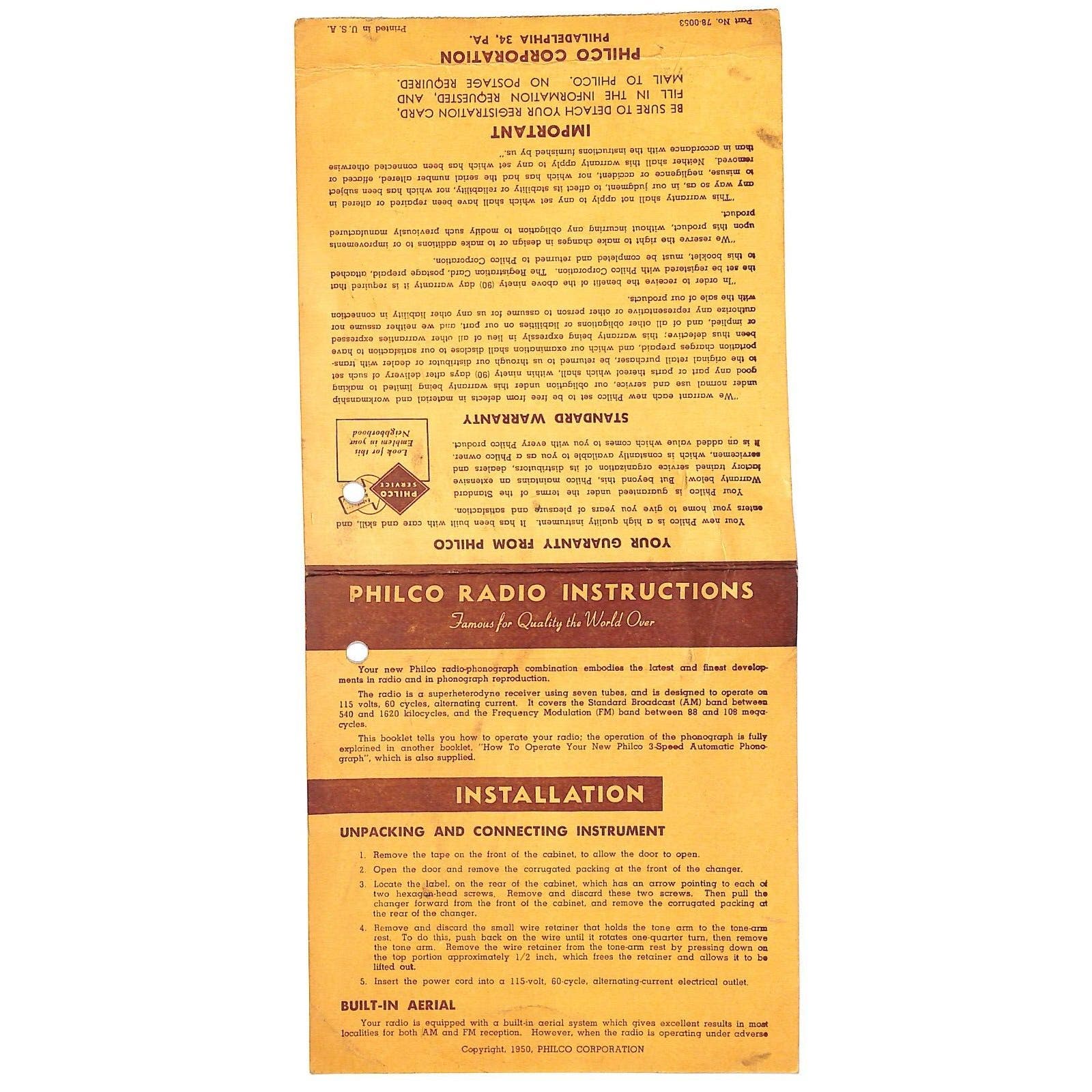 Philco Radio Unpacking Installation Instruction / Warranty Card 1950 ...