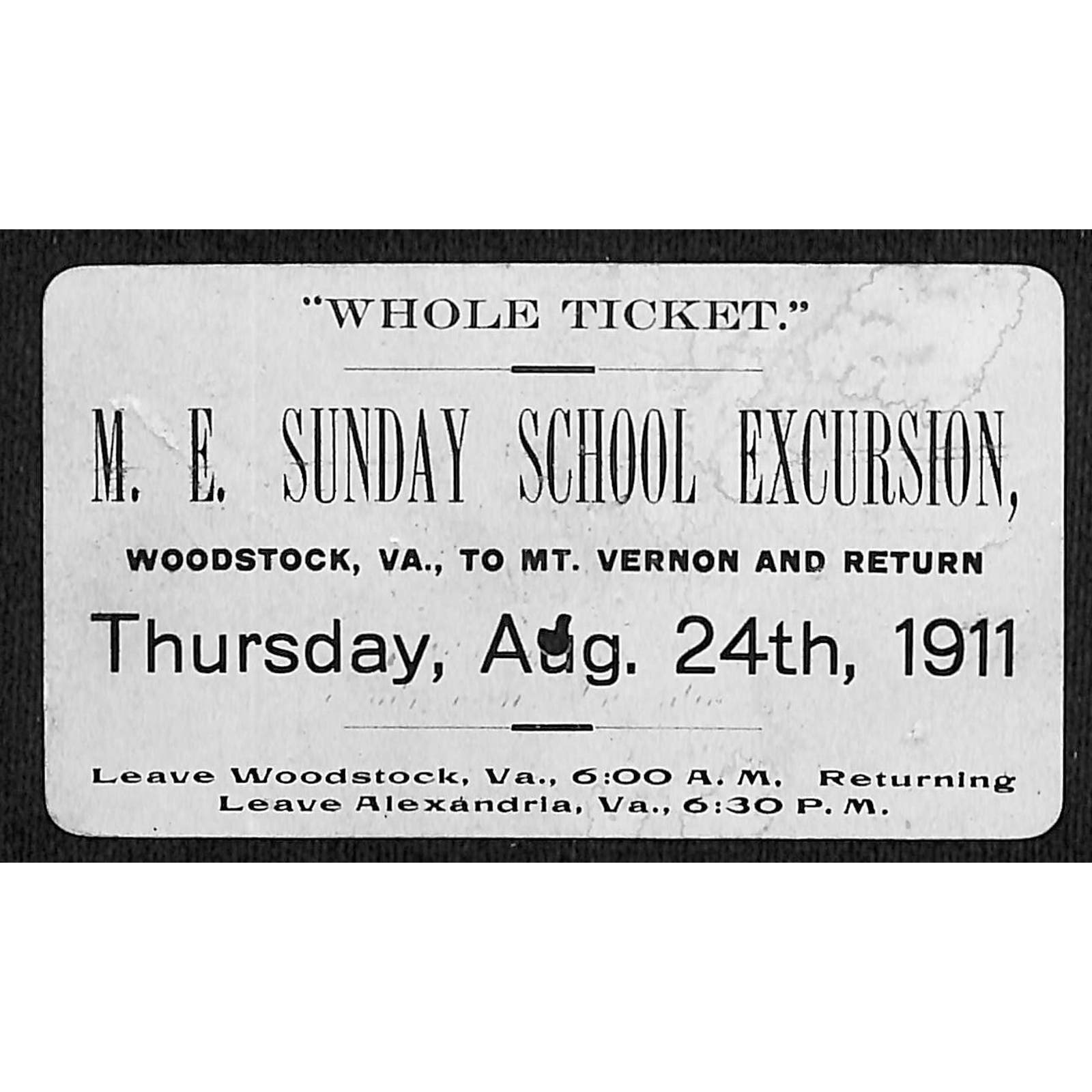 Vintage 1911 Church Sunday School Excursion Ticket Woodstock, VA Mt. V ...