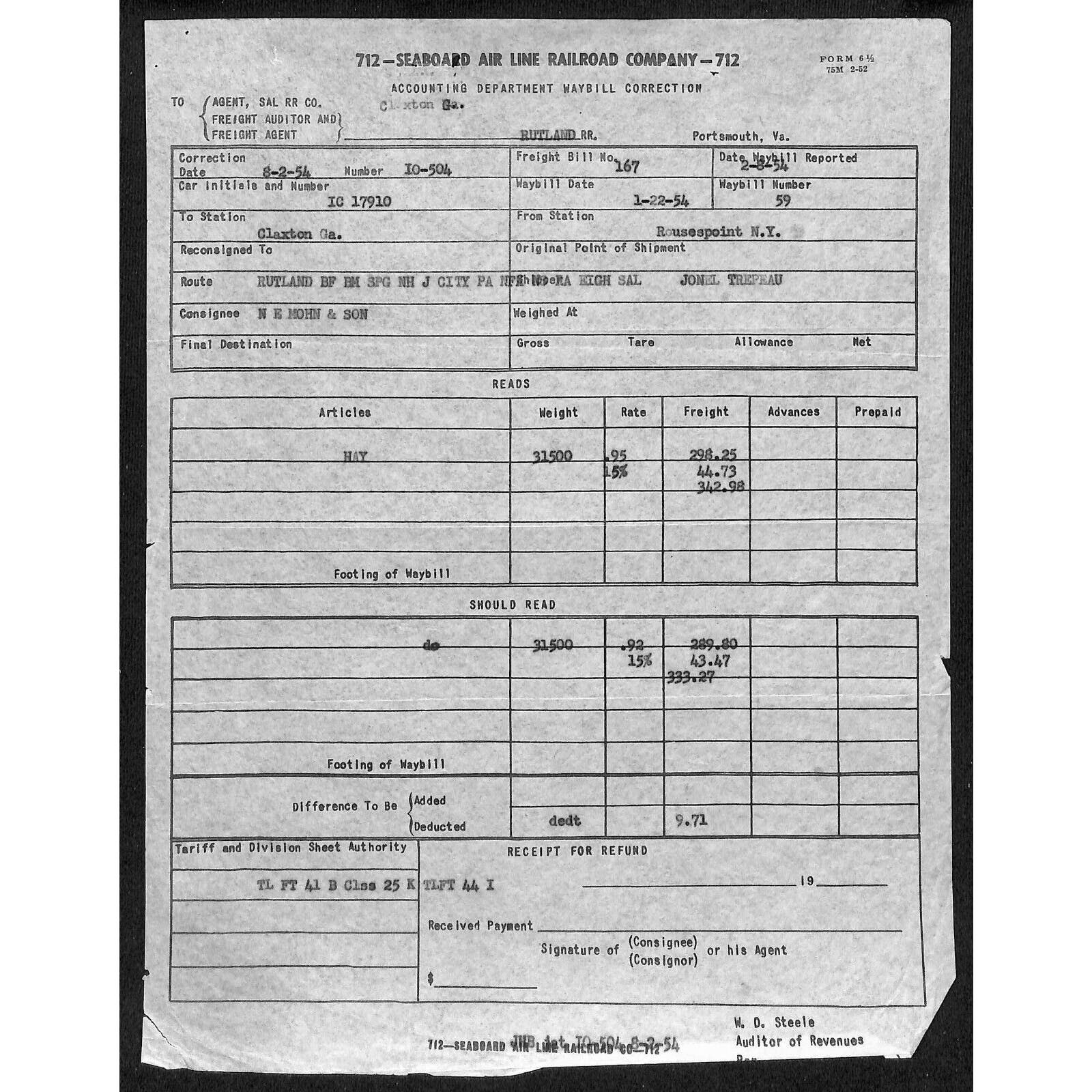 Seaboard Air Line Railroad Co. 1954 Waybill Correction Form – Jerry's ...