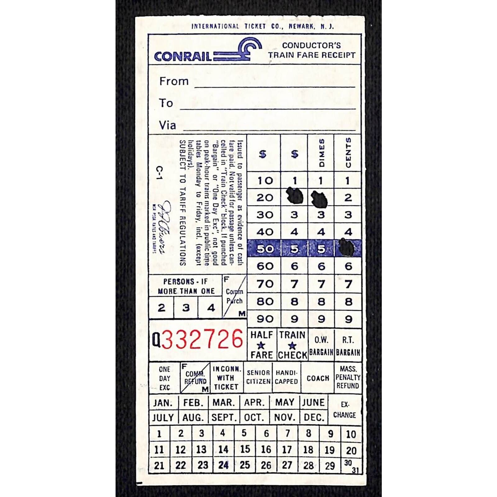 Conrail (1976-99) Conductor's Train Fare Receipt c1970's-80's – Jerry's ...