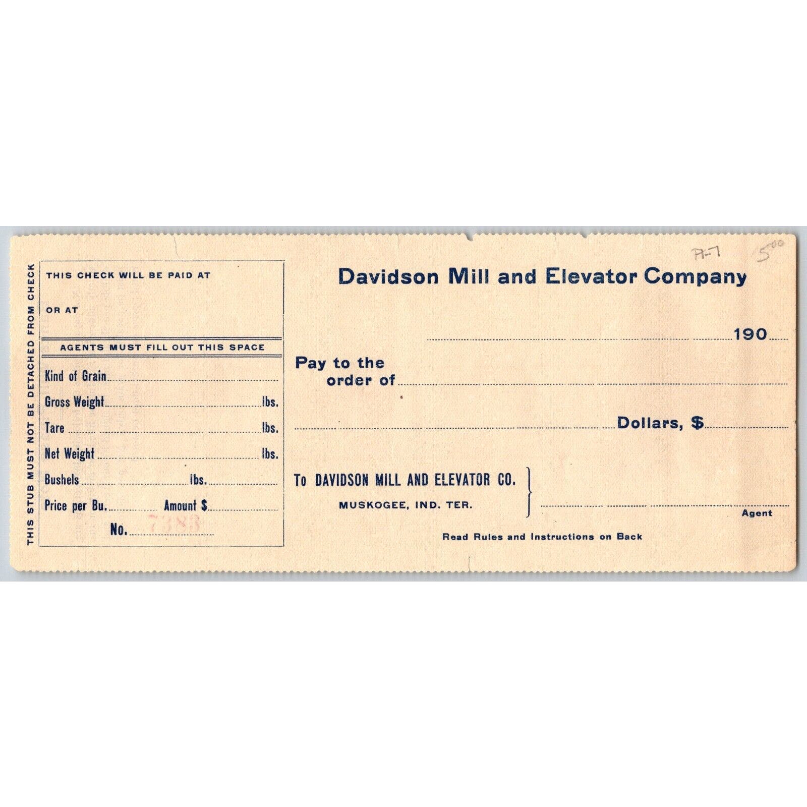 Muskogee, OK c1900-07 Davidson Mill and Elevator Co, Bank Check - Scar ...