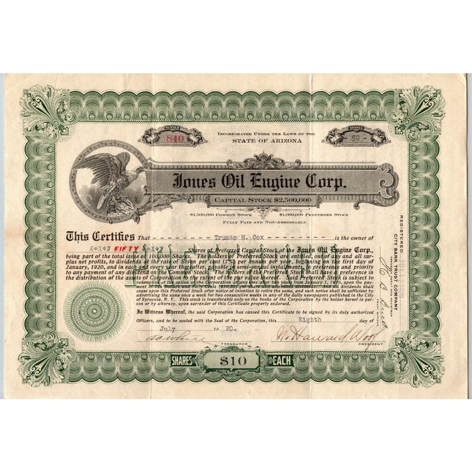 Vintage 1920 Stock Certificate "Jones Oil Engine Corp." Arizona – Jerry ...
