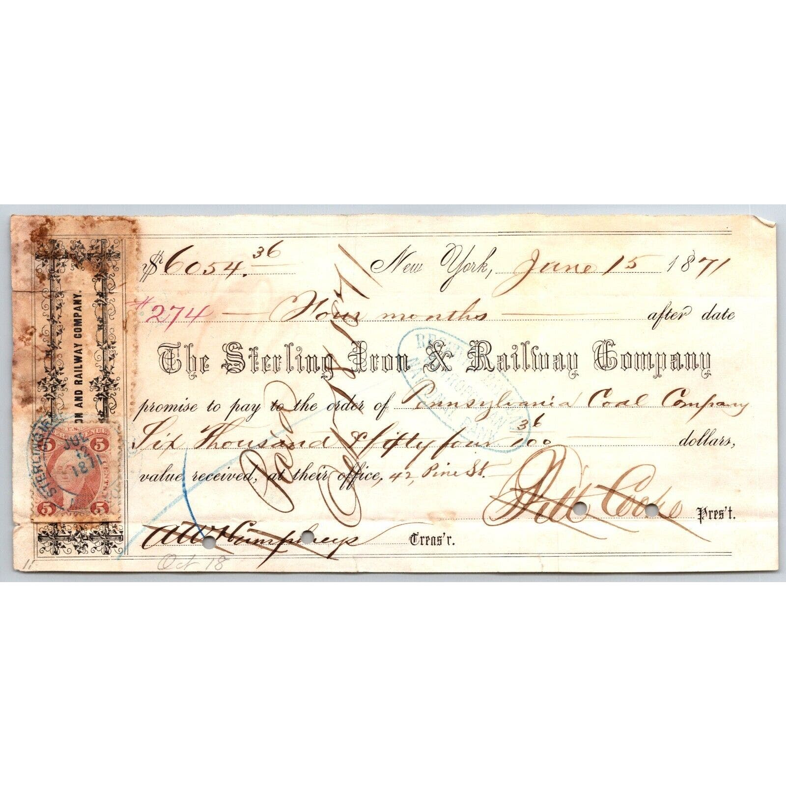 Sterling Railroad / Pennsylvania Coal Co. 1871 Promissory Note w/ Rev ...