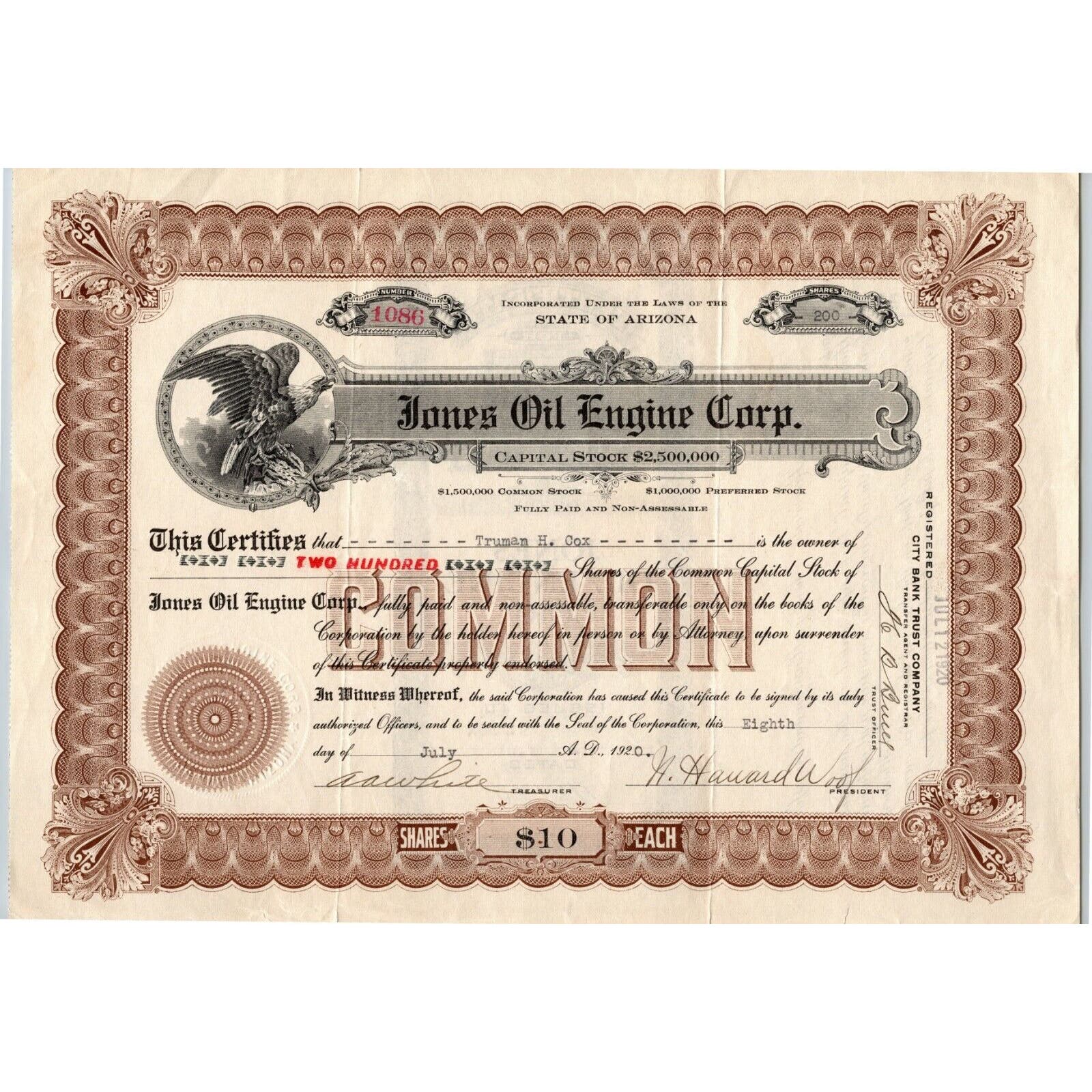 Vintage 1920 Stock Certificate "Jones Oil Engine Corp." Arizona - Eagl ...