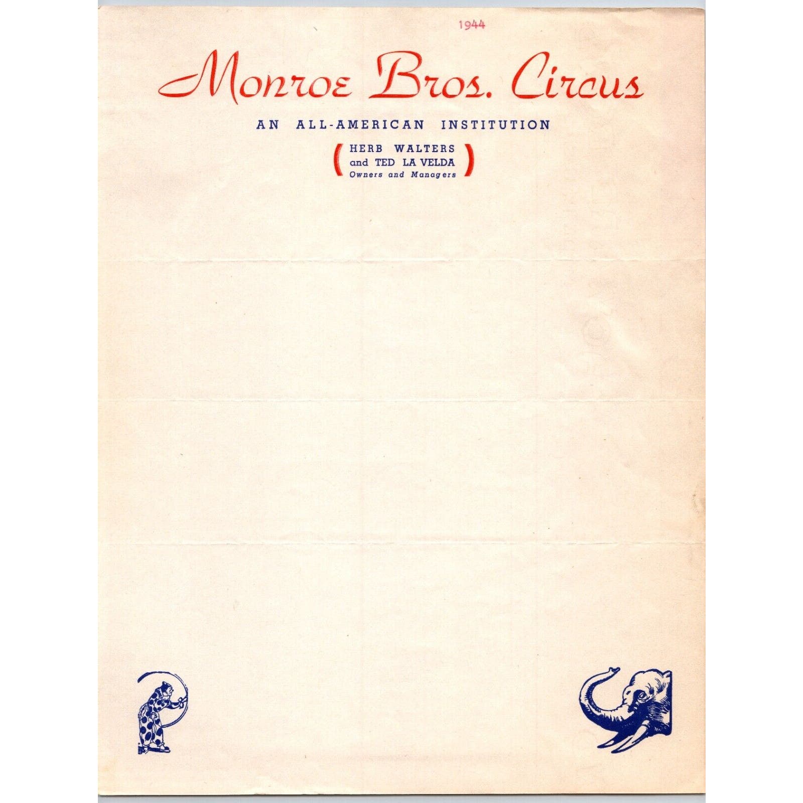 Monroe Bros. Circus Letterhead c1944 "An All American Institution" Clo ...
