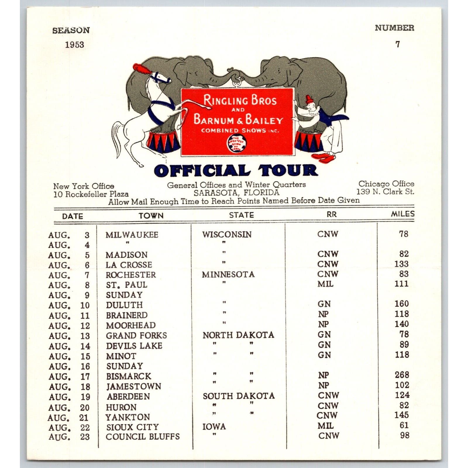 1953 Ringling Bros Barnum Bailey Circus Route Card Milwaukee Madison S ...