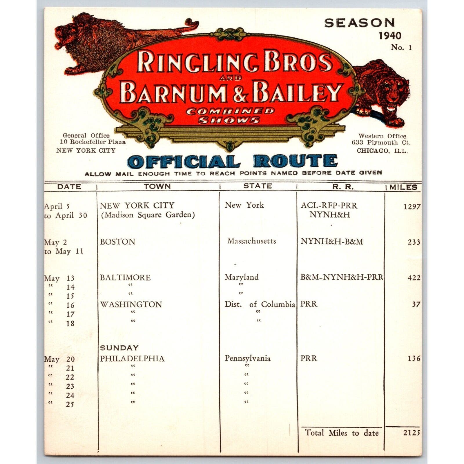 1940 Ringling Bros Barnum & Bailey Circus Route Card Madison Square Ga ...