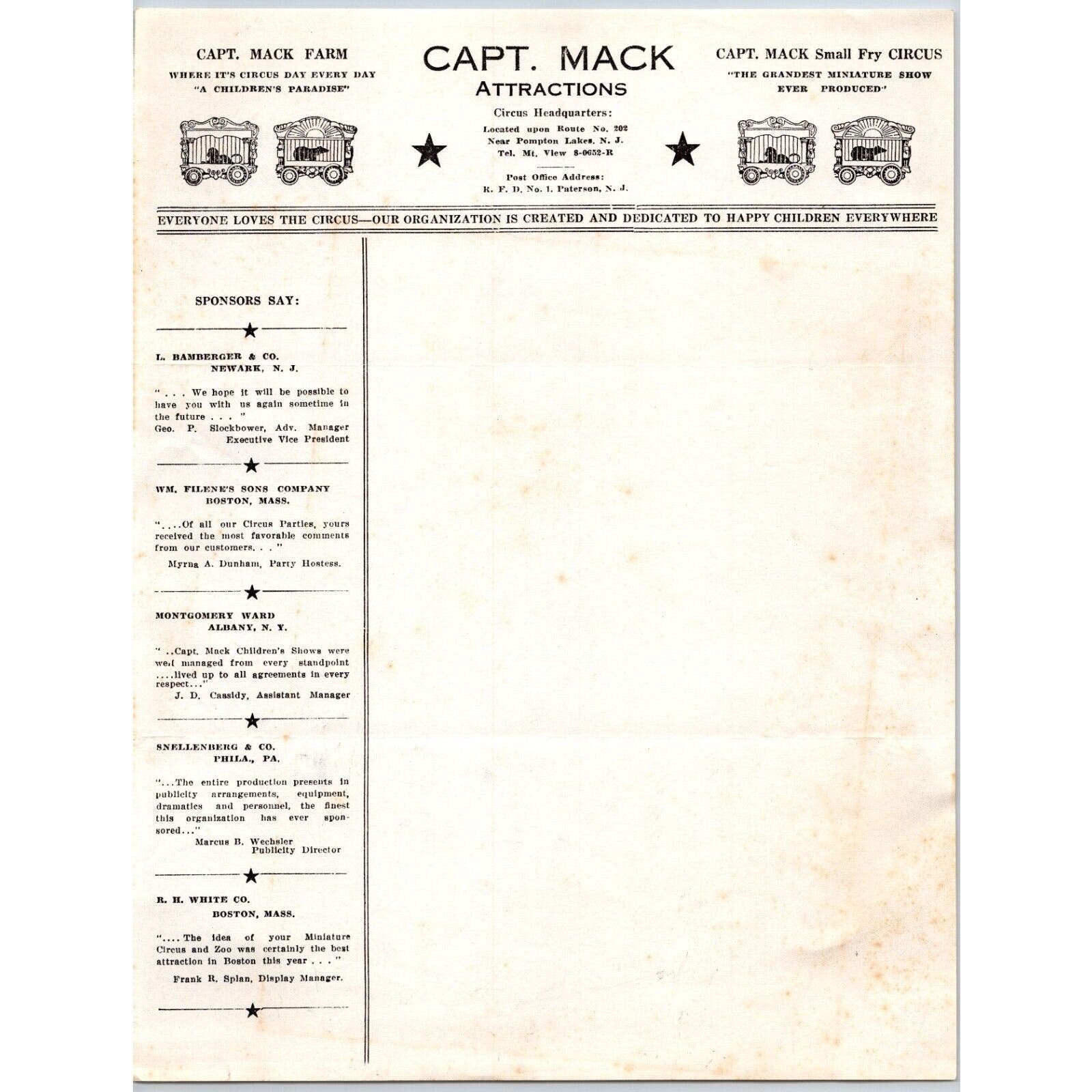 Capt. Mack Attractions Children's "Small Fry Circus" Letterhead c1940 ...