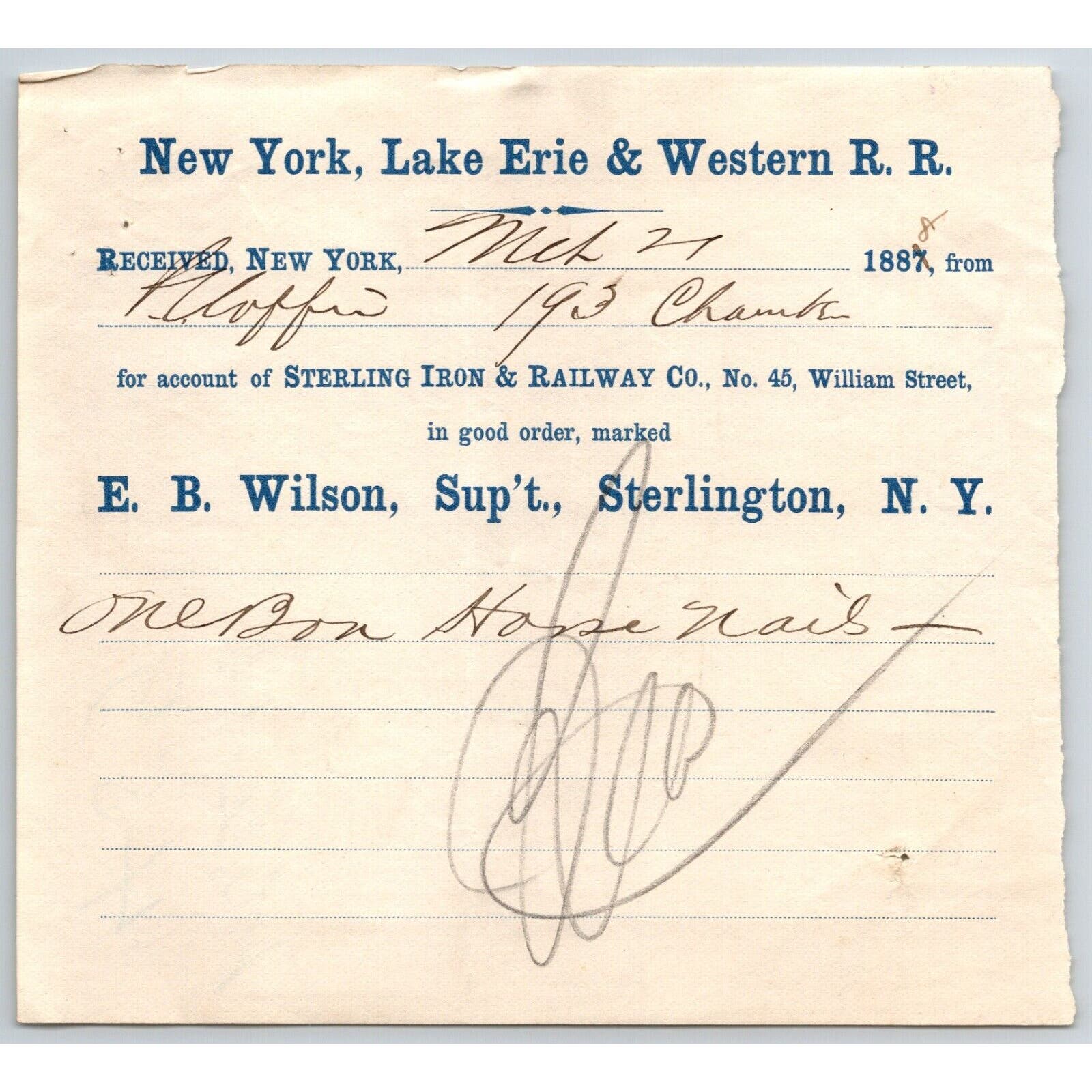 New York, Lake Erie & Western R.R. 1888 Railroad Freight Billhead "Hor ...