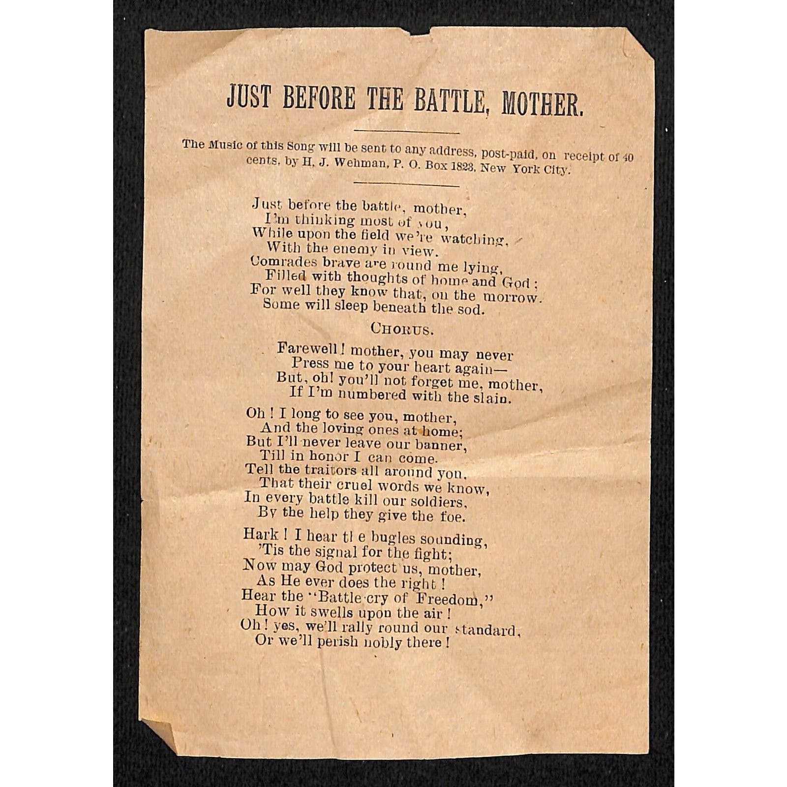 "Just Before The Battle, Mother" Song Sheet Lyrics Civil War Music Off ...