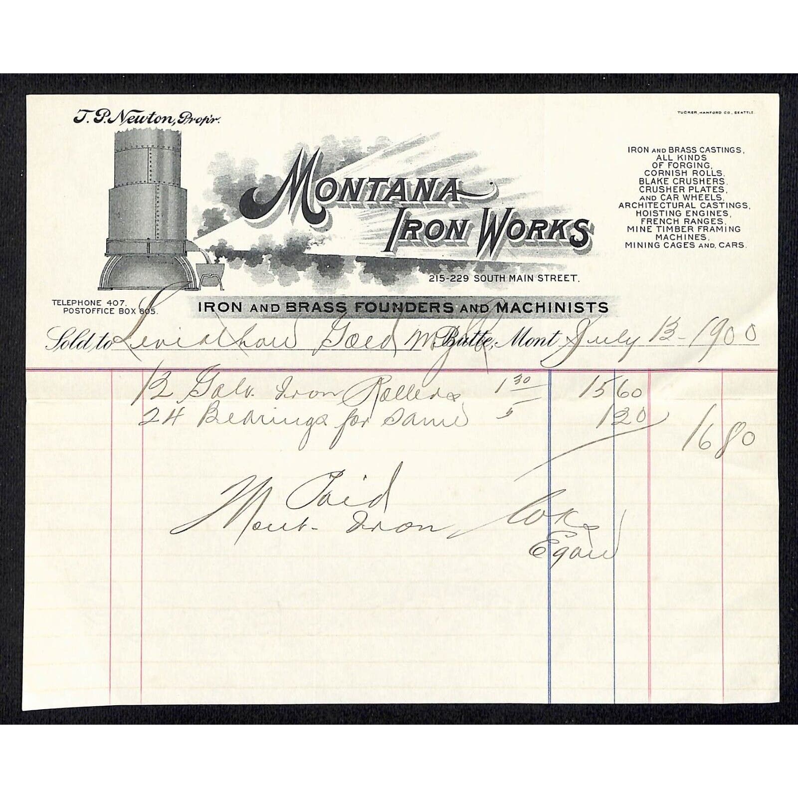 Butte, MT Montana Iron Works Iron Brass Machinists 1900 Billhead Vigne ...