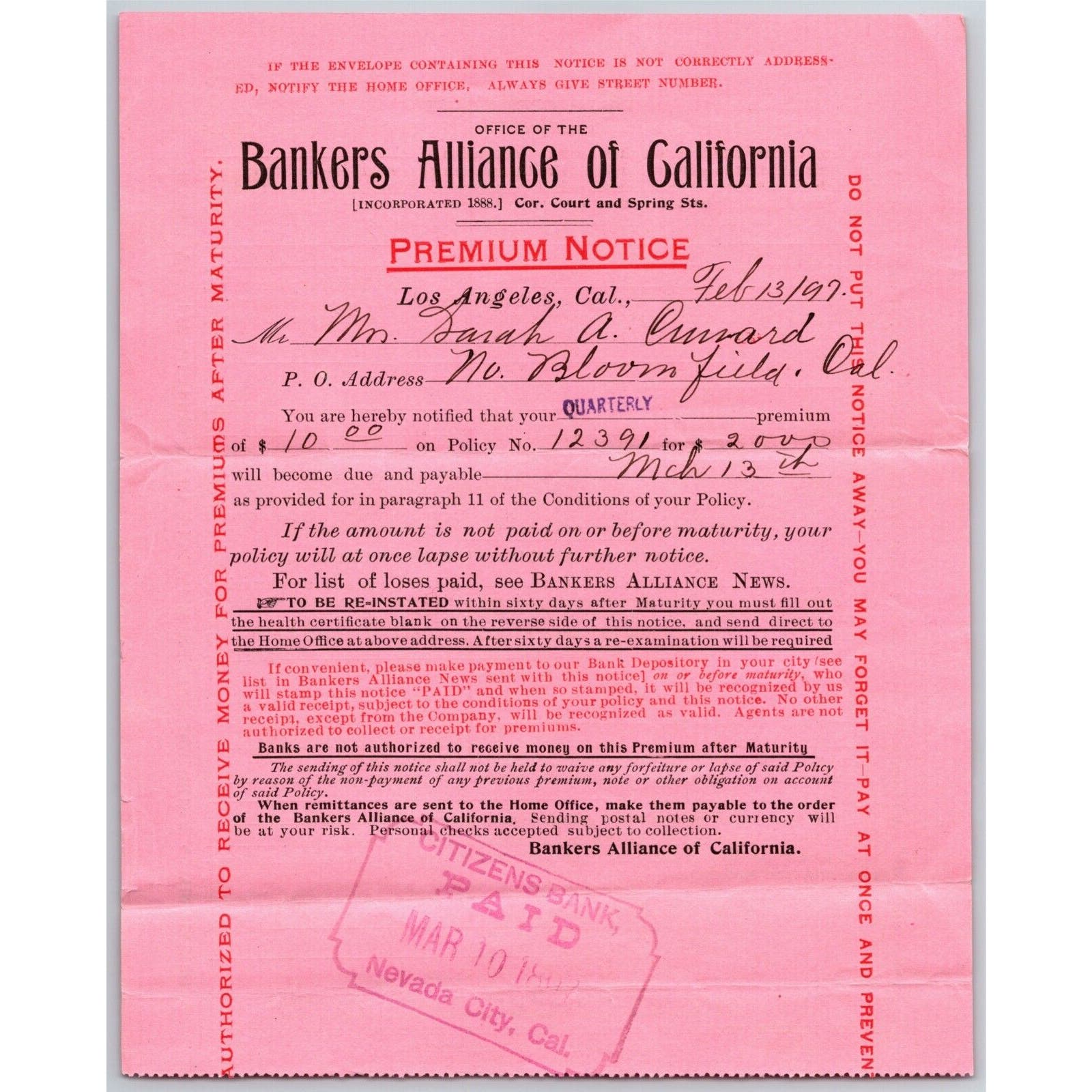 1897 Ex Civil War Soldier Document - Bankers Alliance Life Ins. Premiu ...