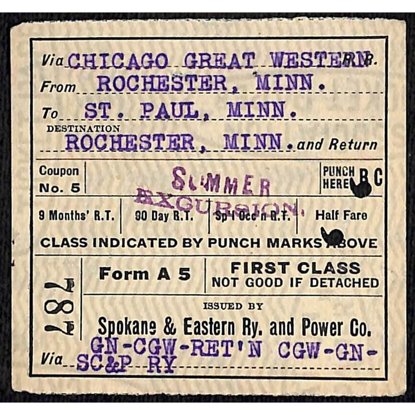 Spokane & Eastern Railway and Power Ticket Rochester, MN 1927 #787 Sca ...