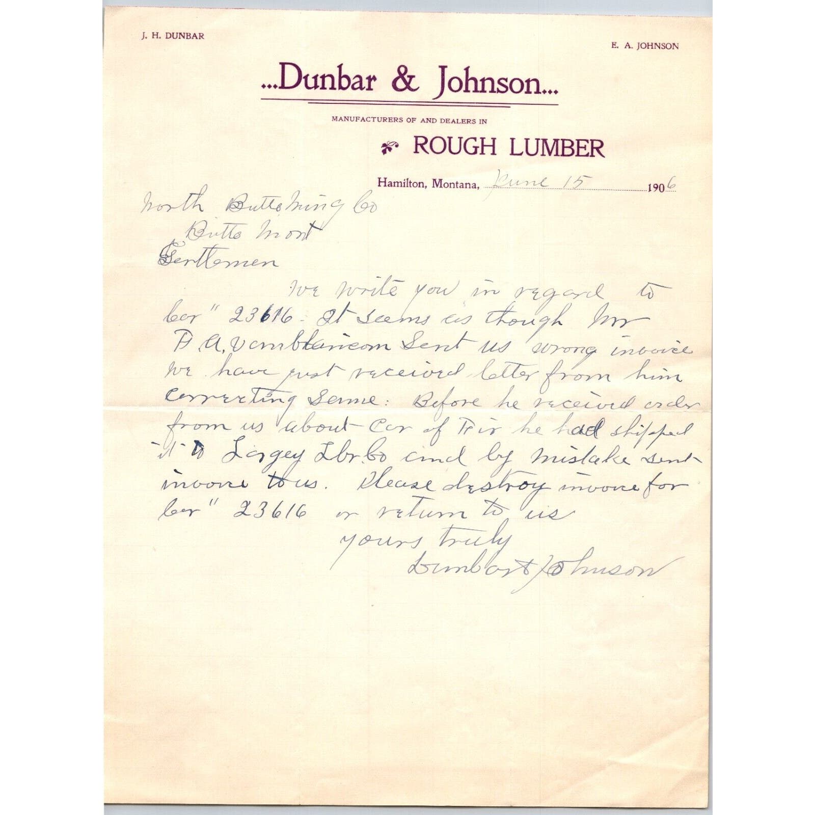 Hamilton, MT Dunbar & Johnson Rough Lumber 1906 Letterhead re: Invoice ...