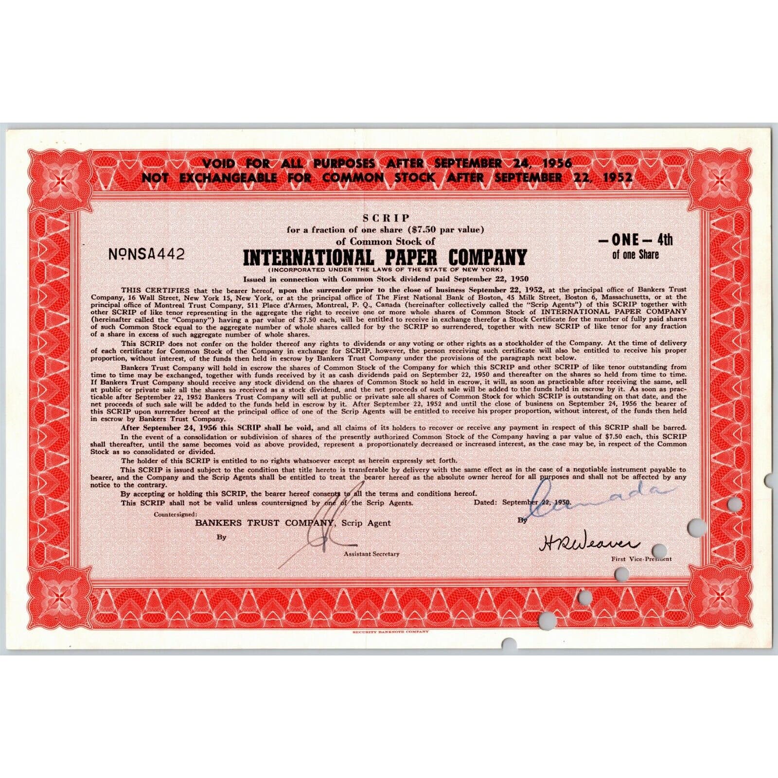 Vintage 1950 Stock / Scrip Certificate "International Paper Company ...