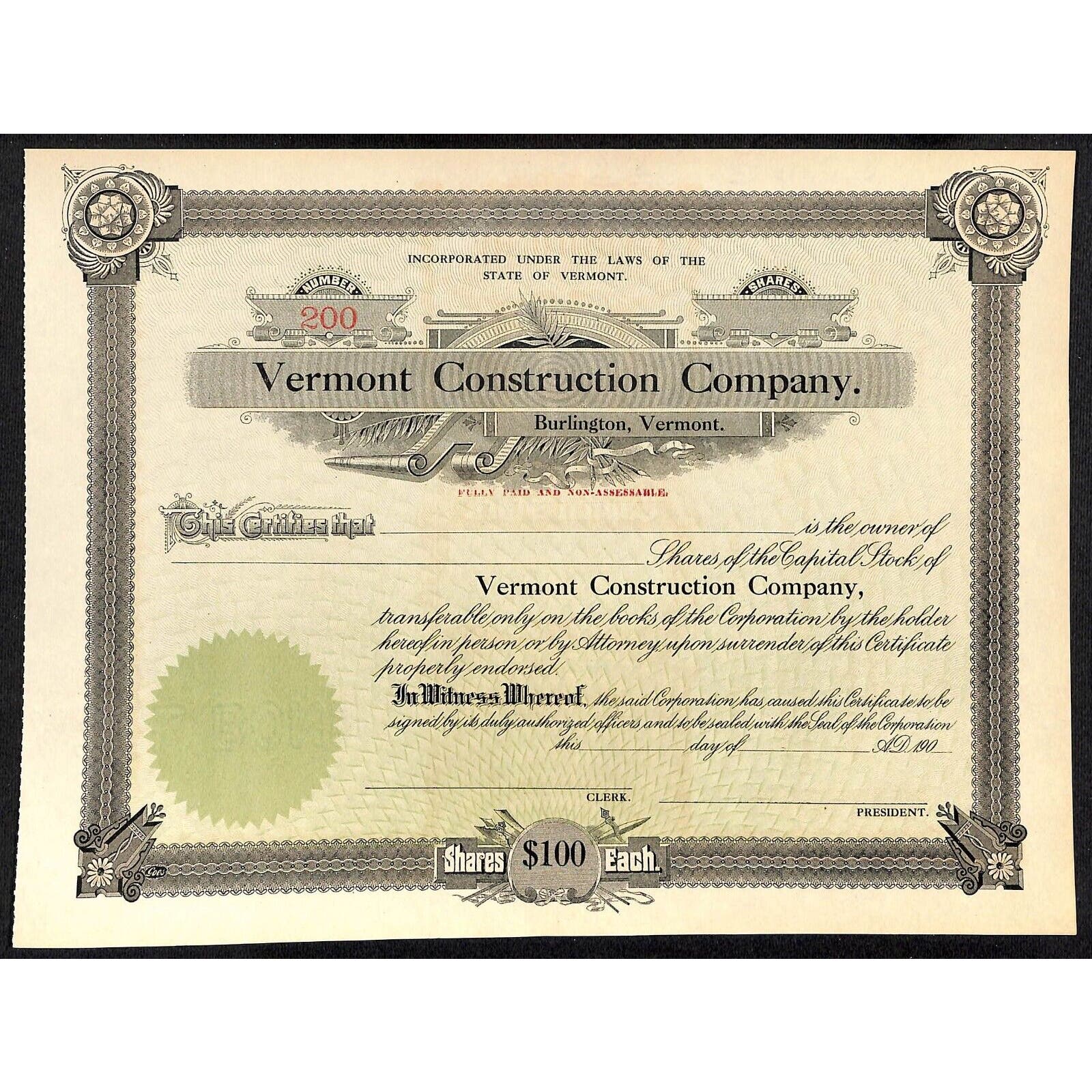 "Vermont Construction Company" Burlington, VT Unissued c1900 Stock Cer ...