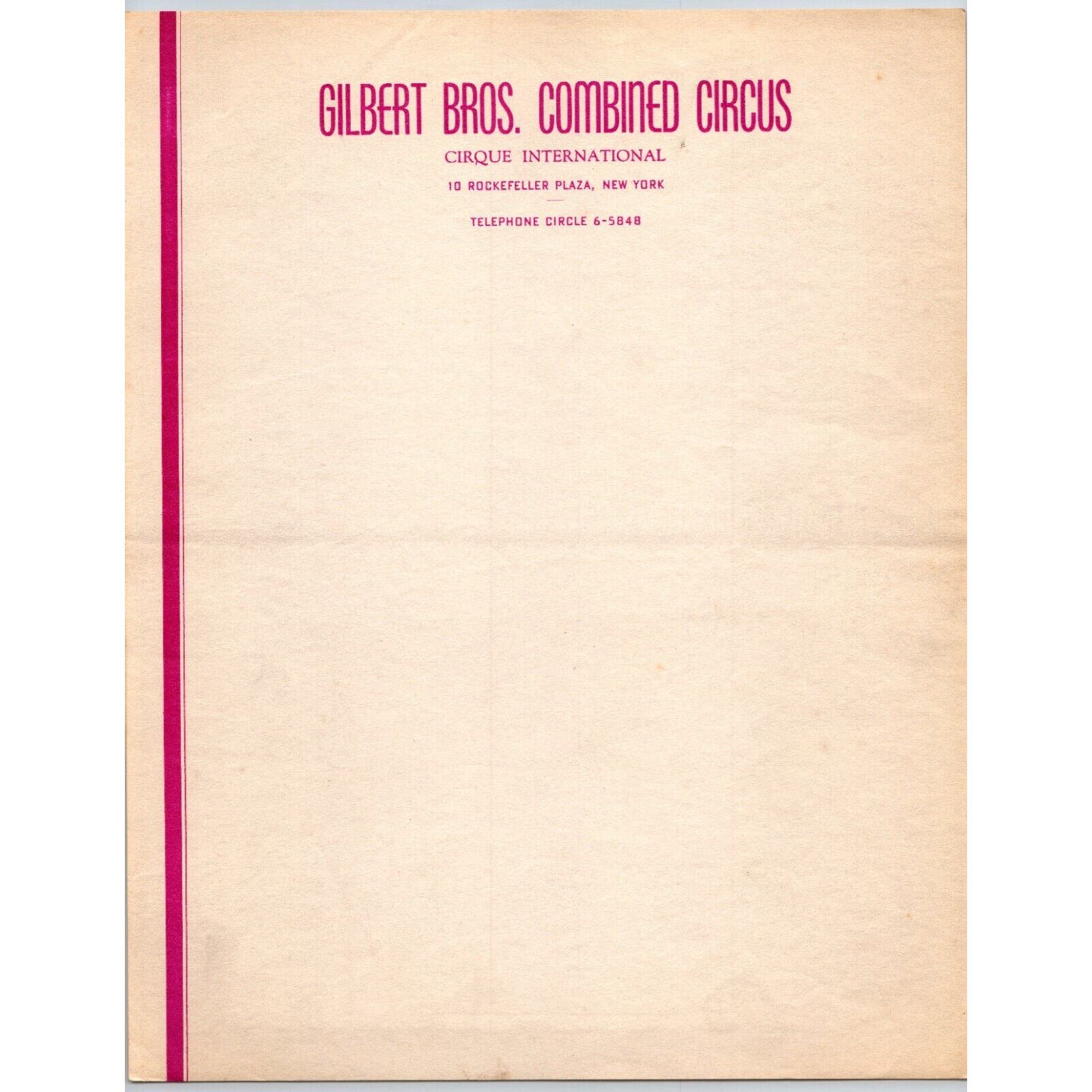 Gilbert Bros. Combined Circus Letterhead Rockefeller Plaza NYC c1943 S ...