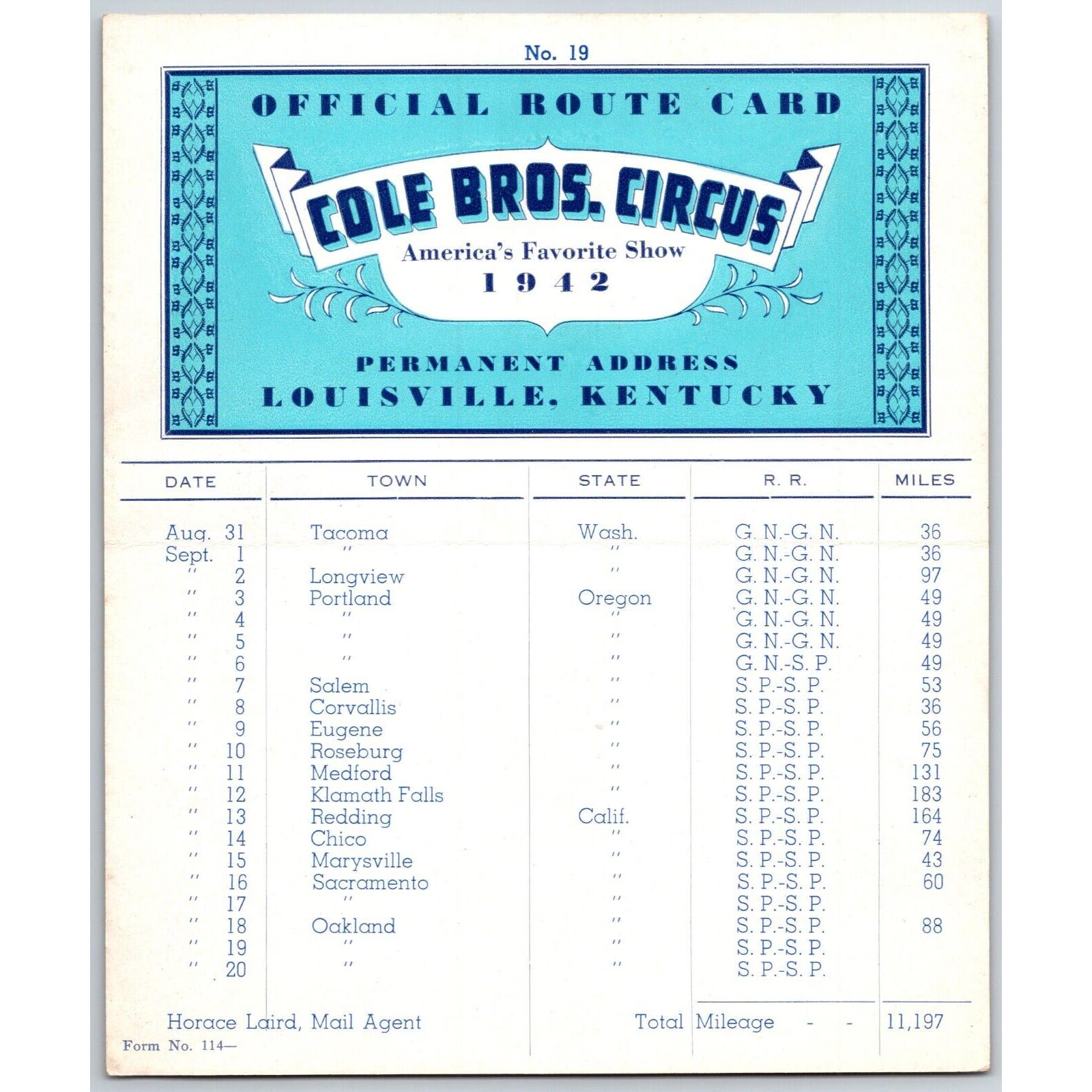 1942 Cole Bros Circus Route Card Oregon Washington State California ...