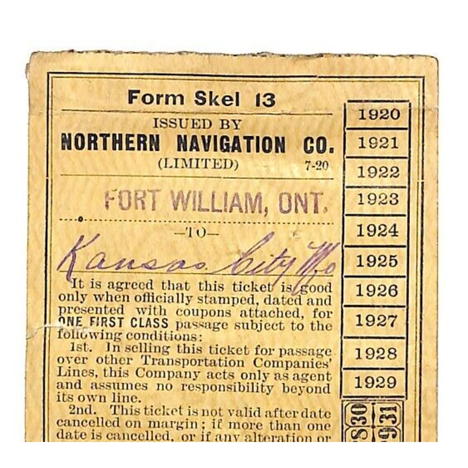 Northern Navigation Co. Railroad Ticket 1922 Fort William, ONT Scarce ...
