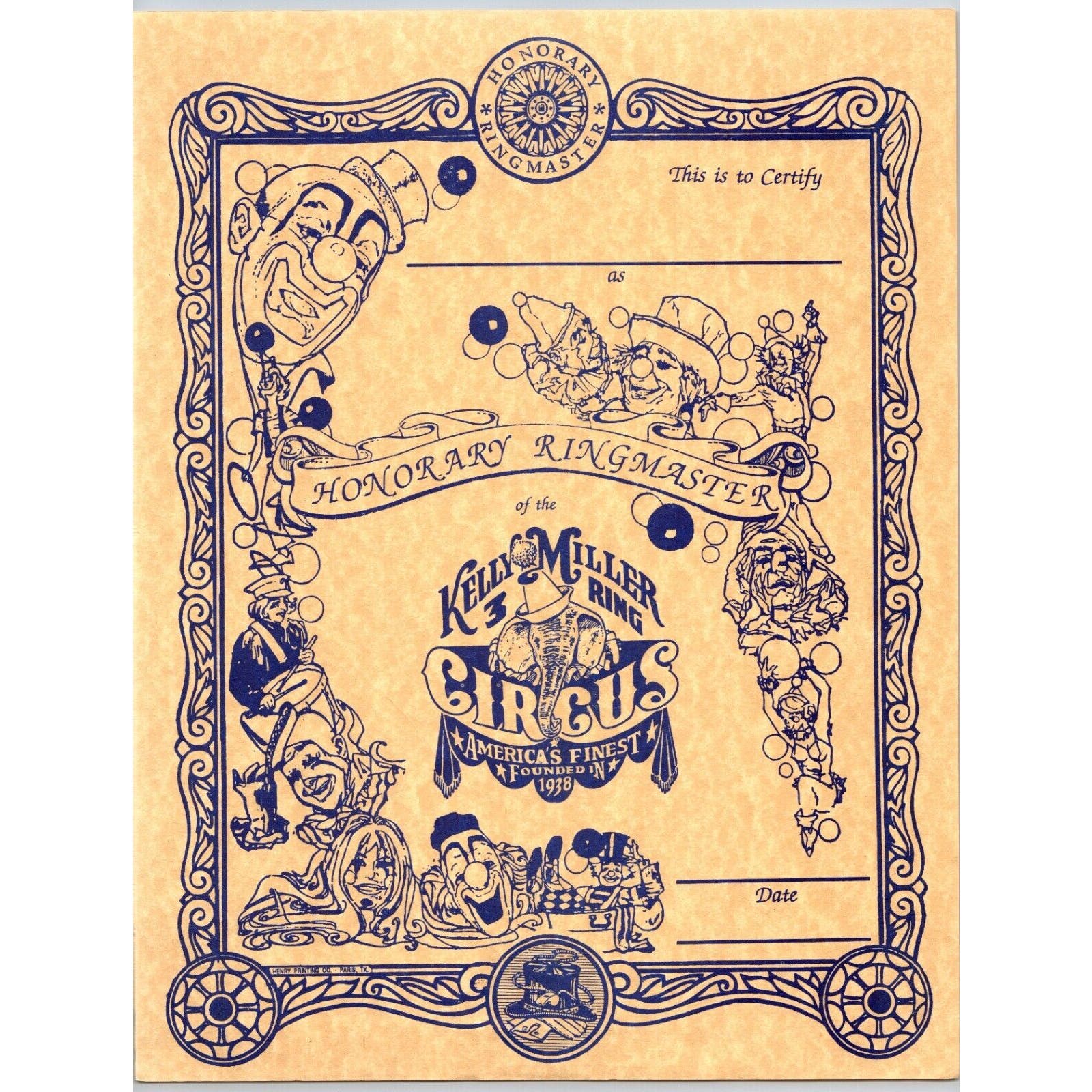 Kelly Miller 3 Ring Circus "Honorary Ringmaster" Certificate Letterhea ...