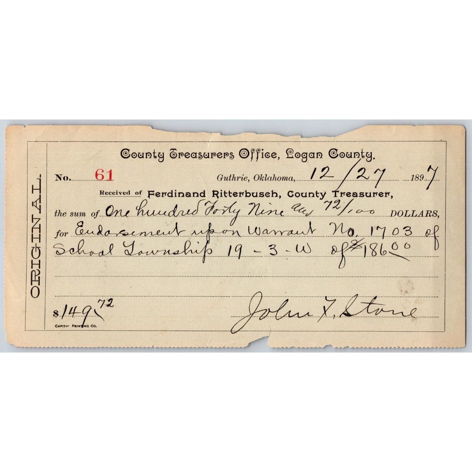 Guthrie, OK 1897 Territorial County Treasurers Office Receipt re: Warr ...