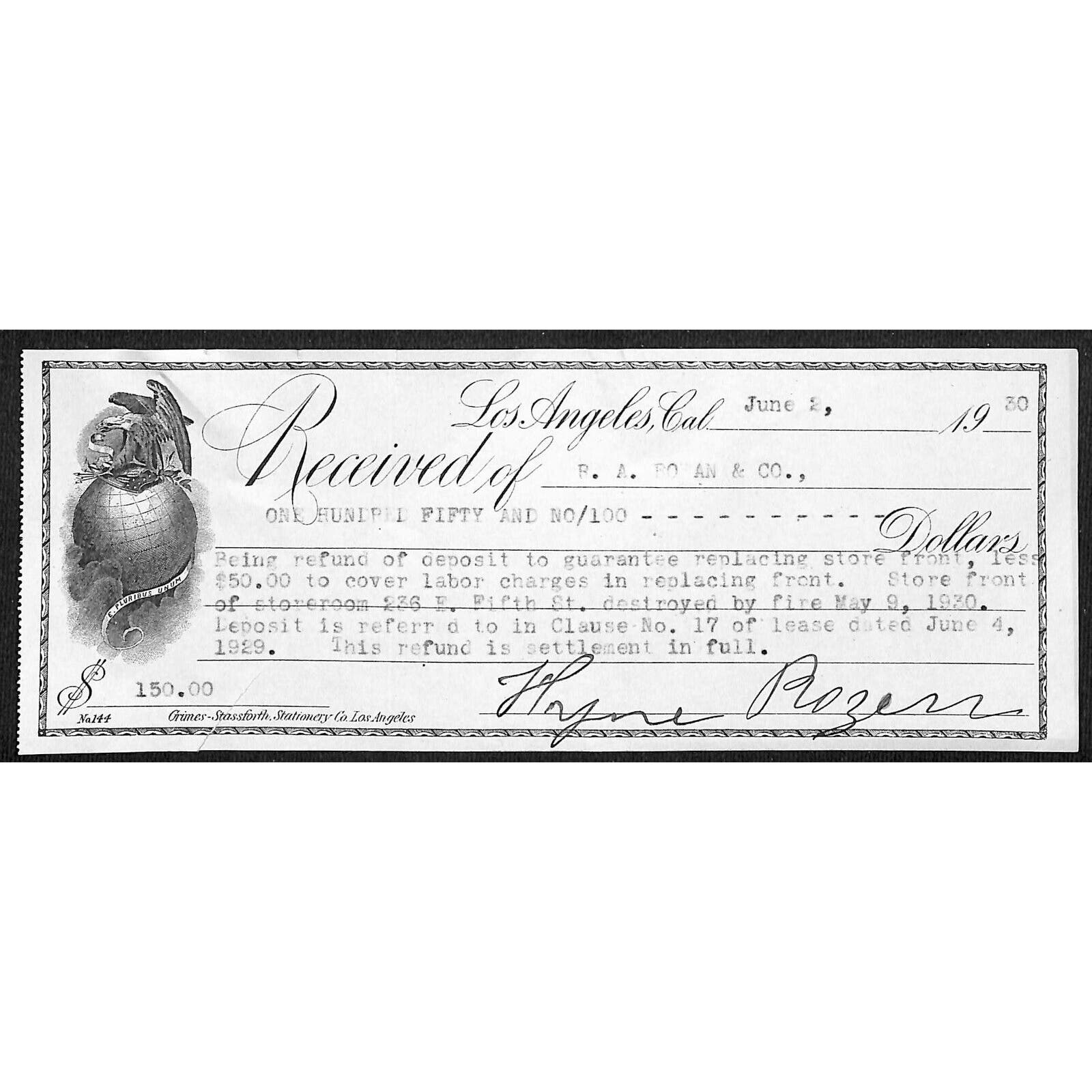 Los Angeles 1930 R.A. Rowan Co. - $150 Rental Allowance for Fire Recei ...