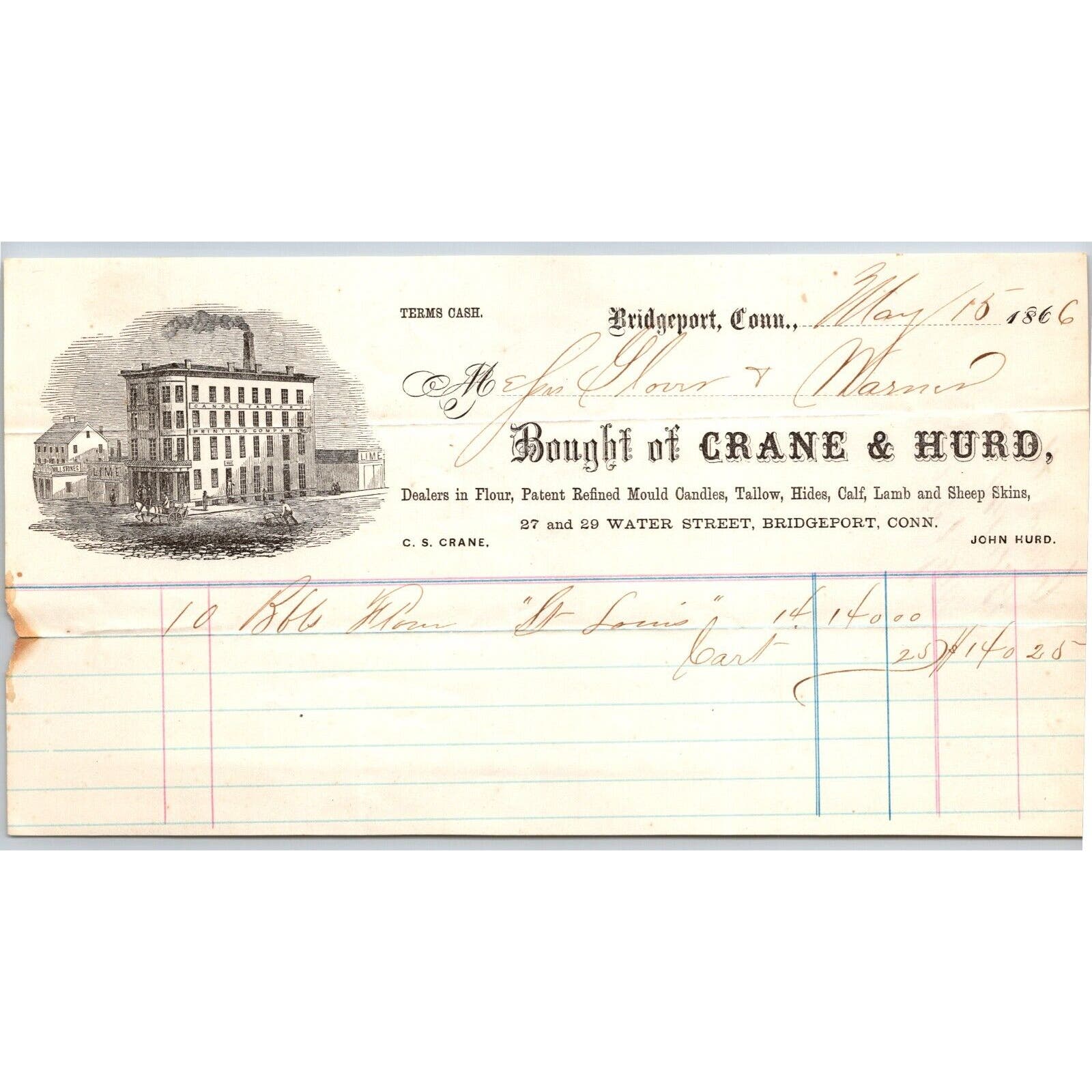Bridgeport, CONN Crane & Hurd 1866 Billhead Candles Flour Tallow Hides ...