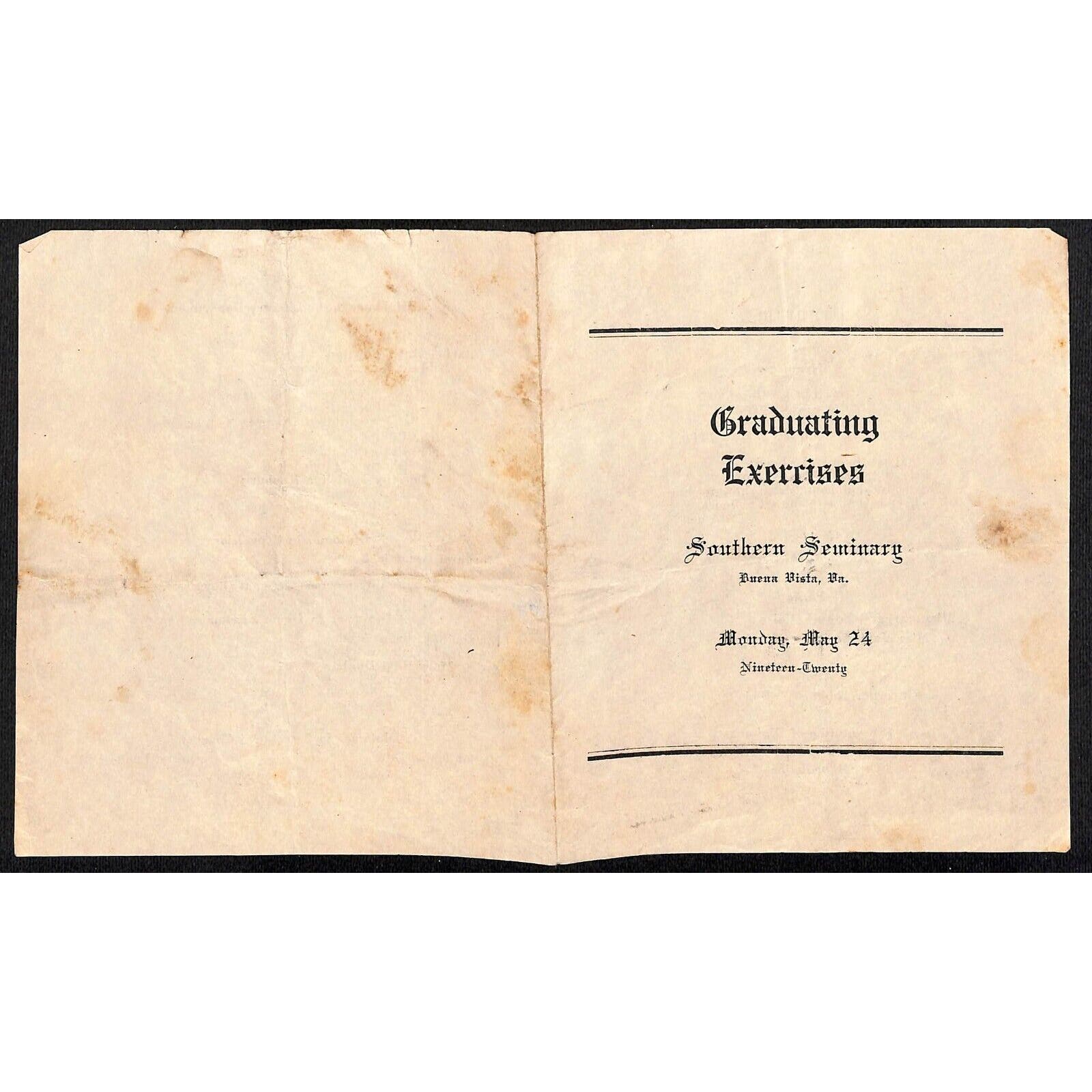 Buena Vista, VA 1920 Southern Seminary Graduation Exercises Sheet ...