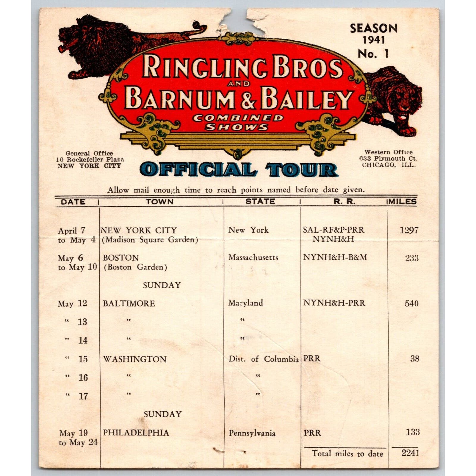 1940 Ringling Bros Barnum & Bailey Circus Route Card Madison Square Ga ...