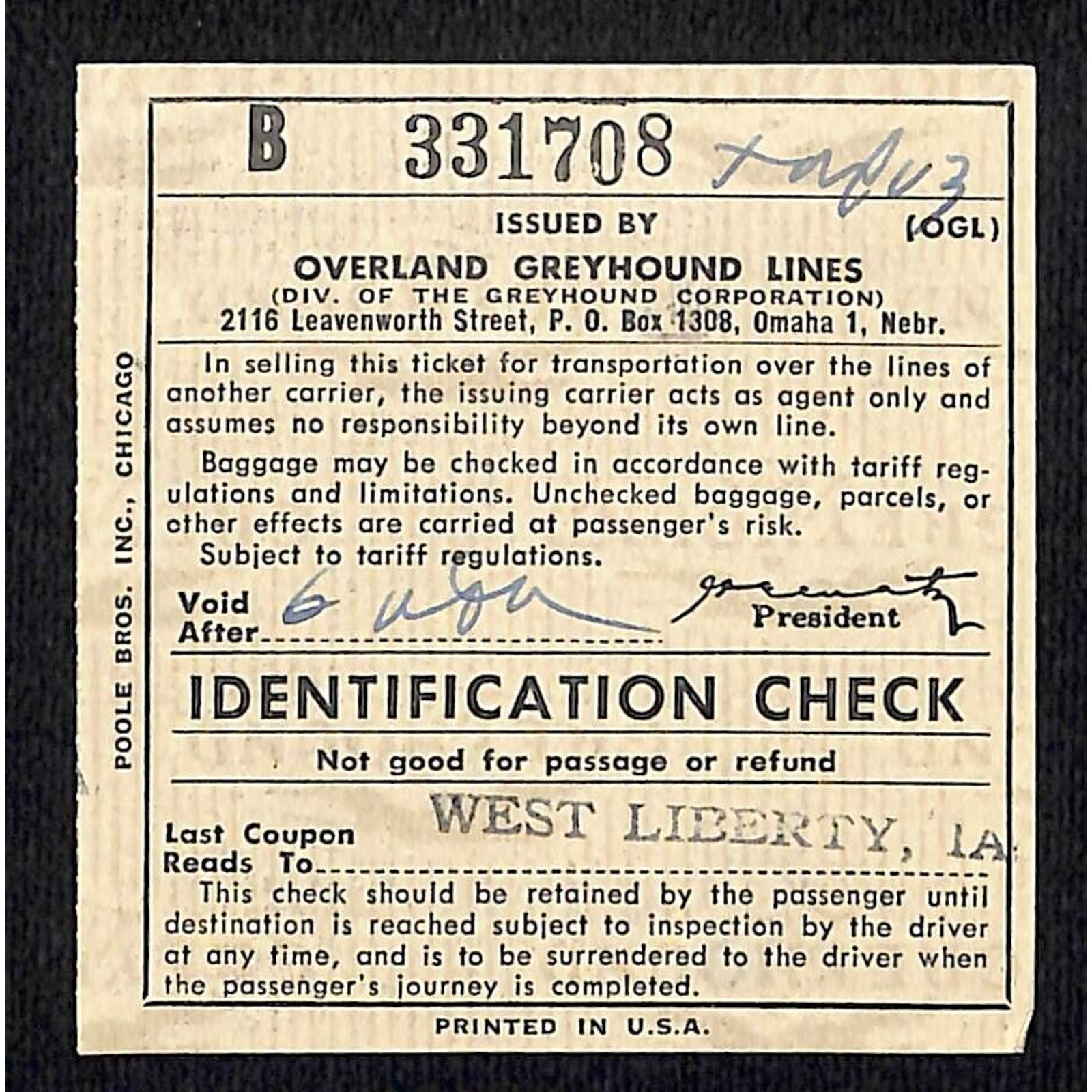 Overland Greyhound Lines Identification Check Ticket 1956 to West Libe ...